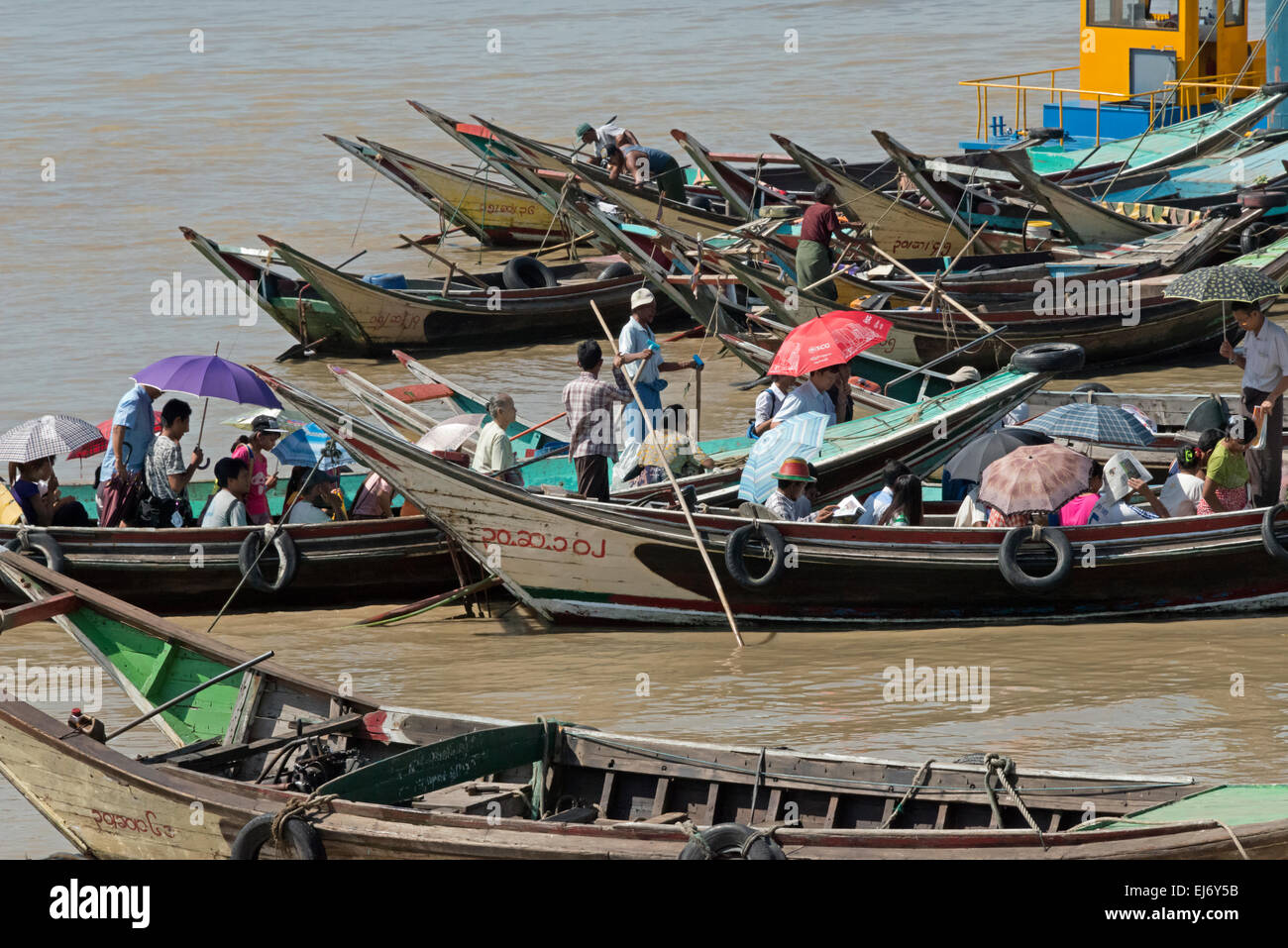 Boats on Ayeyarwady (Irrawaddy) River in the harbor, Yangon, Myanmar ...