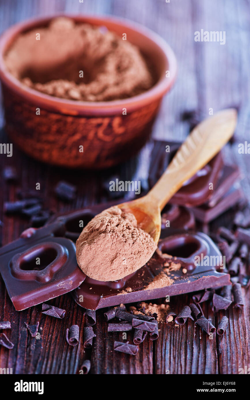 chocolate and cocoa powder on the wooden table Stock Photo - Alamy