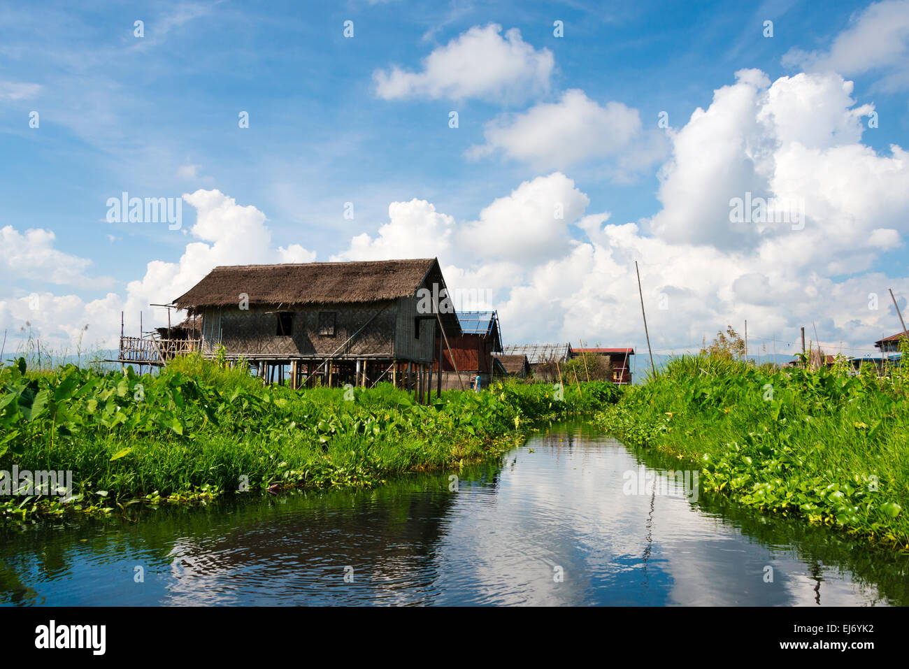 Cottage and floating farm on Inle Lake, Shan State, Myanmar Stock Photo ...