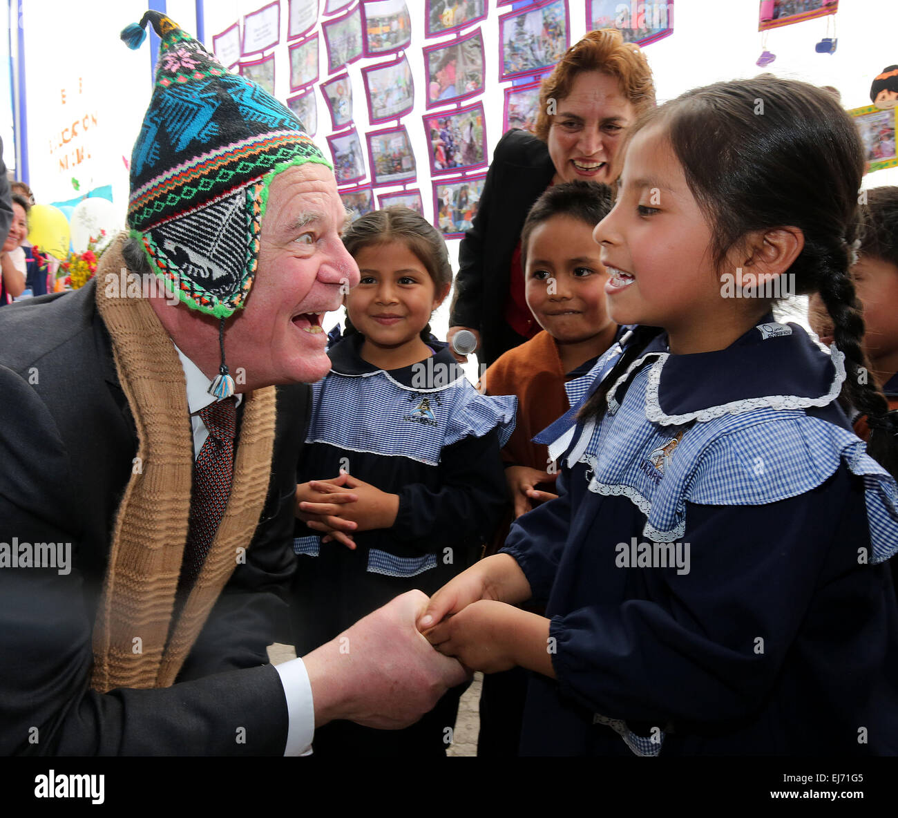 Ayacucho, Peru. 22nd Mar, 2015. German President Joachim Gauck wears a ...