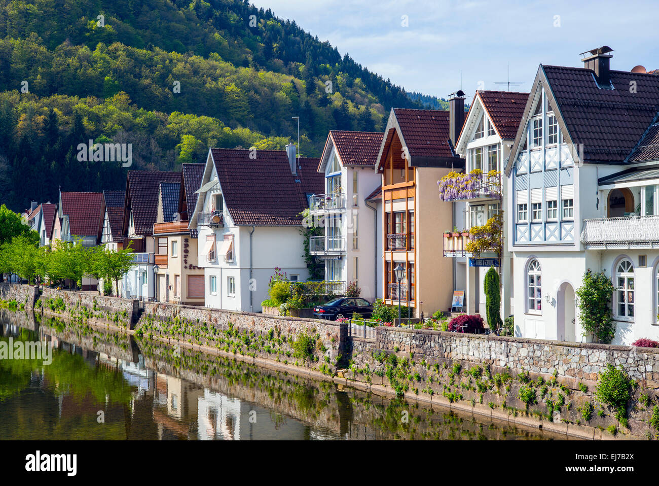 Waterfront houses and Kinzig river Wolfach Ortenau Black Forest Baden ...