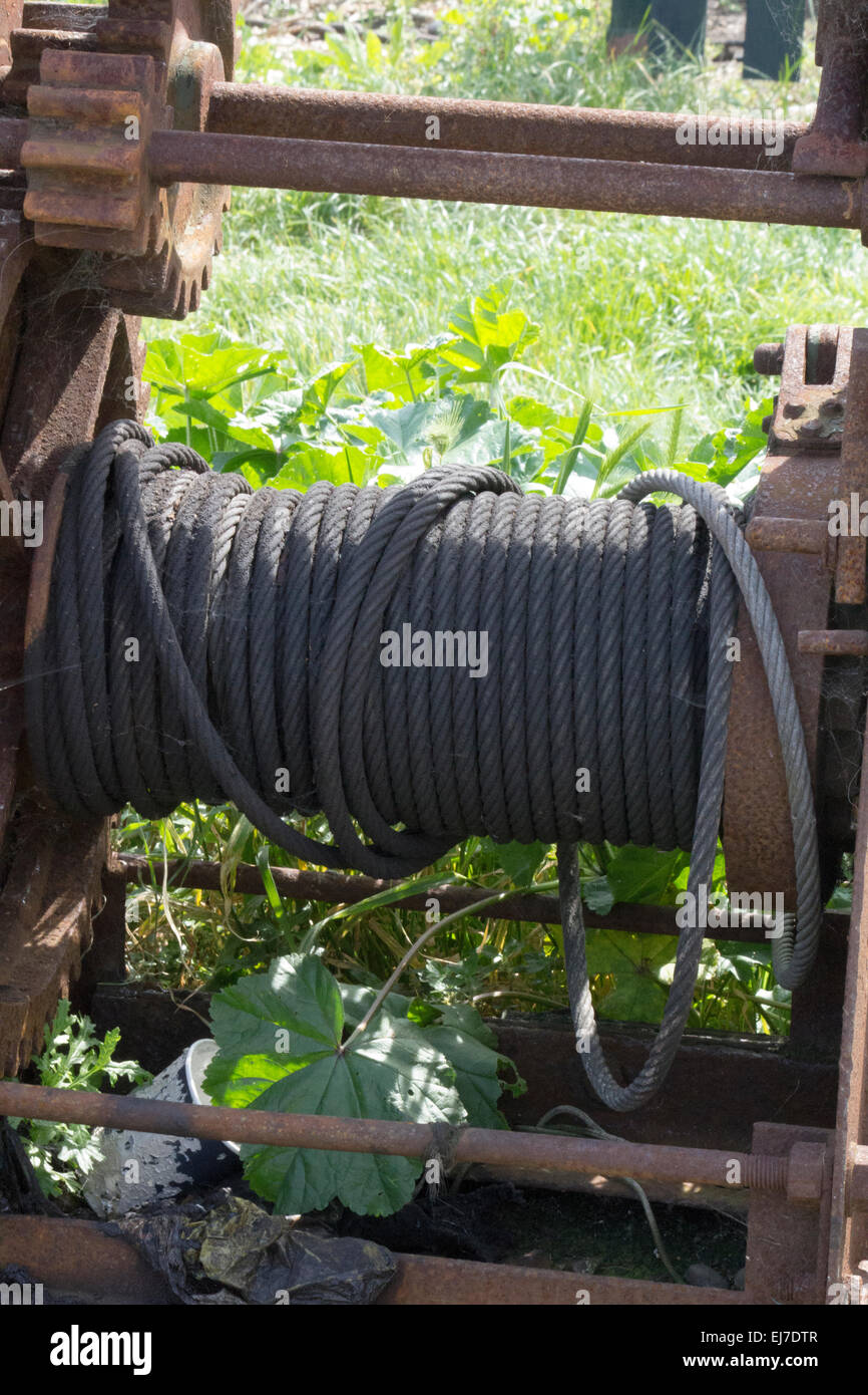 Metal cabled winch - twisted steel cable within a rusted frame Stock ...