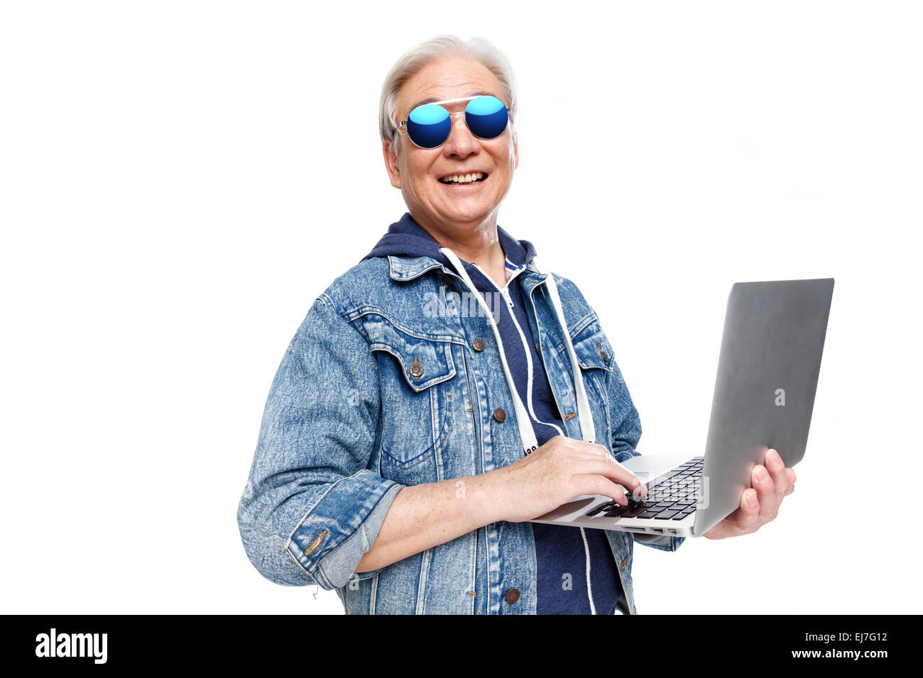 The old man took the laptop Stock Photo - Alamy