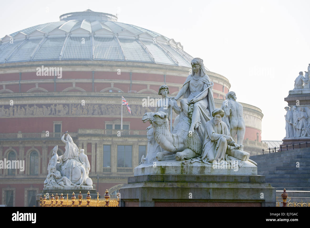 Albert Memorial statue overlooking hazy Royal Albert Hall, in London ...