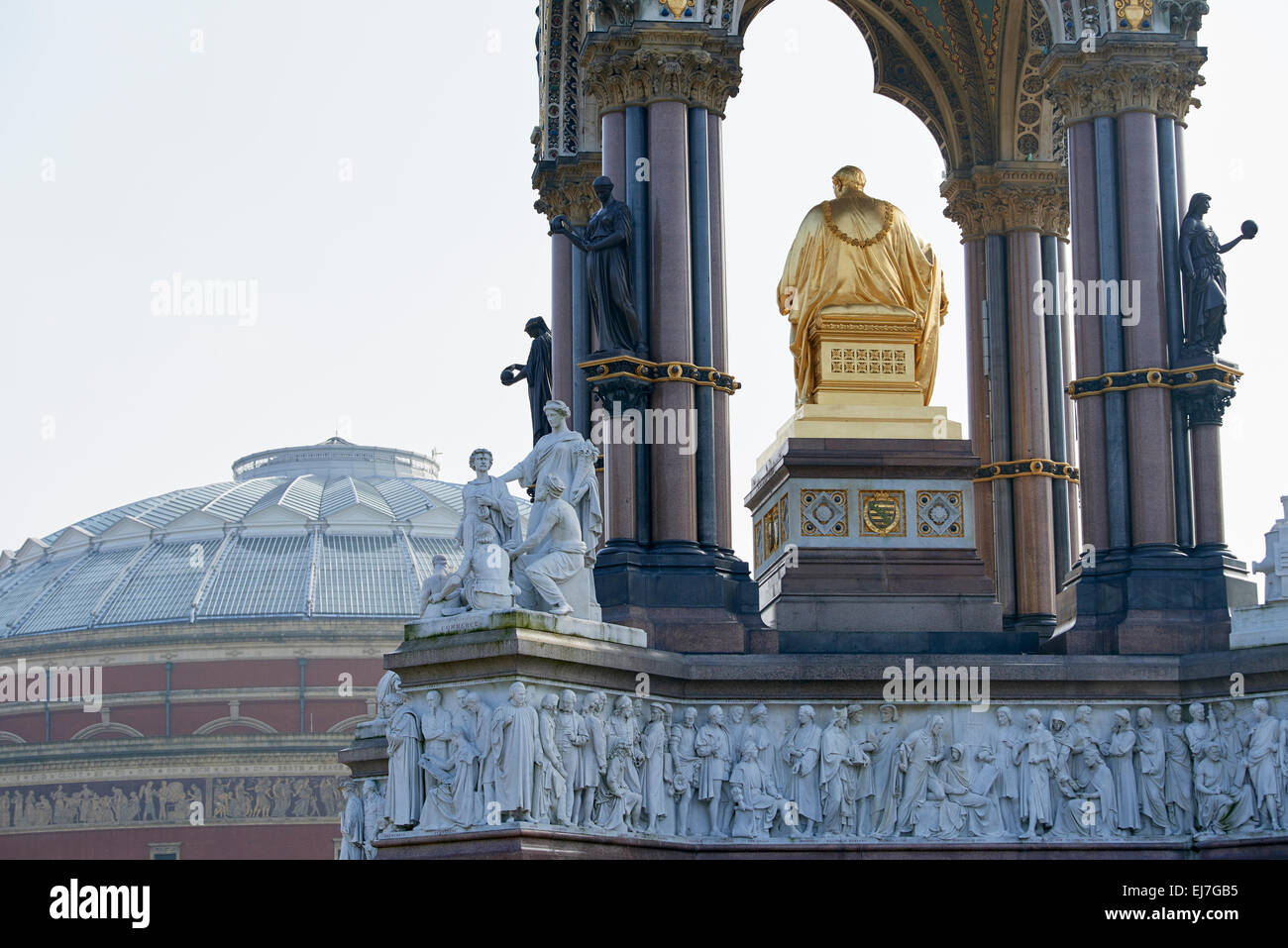 Albert Memorial statue overlooking hazy Royal Albert Hall, in London ...