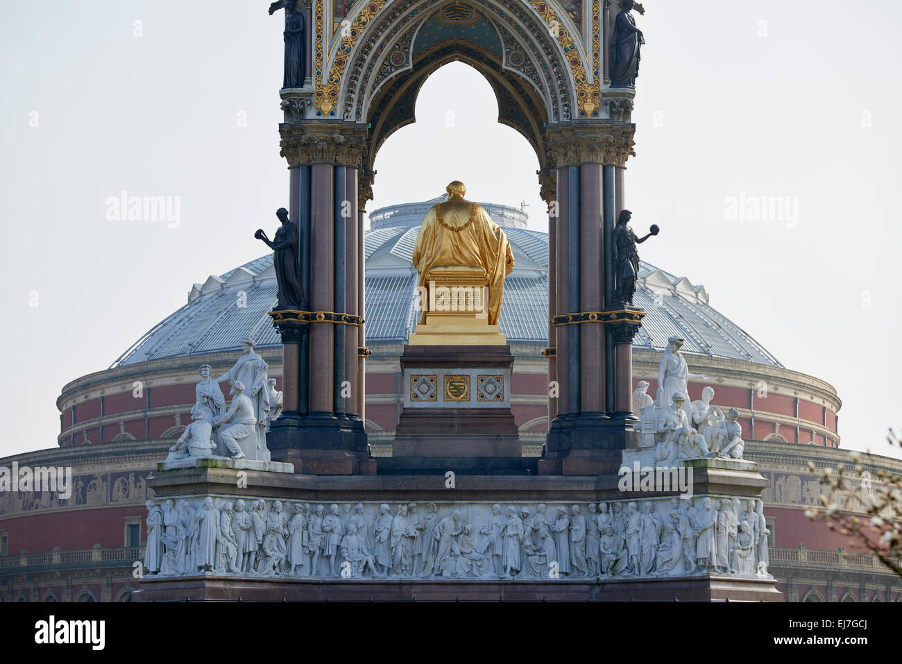 Albert Memorial statue overlooking hazy Royal Albert Hall, in London ...