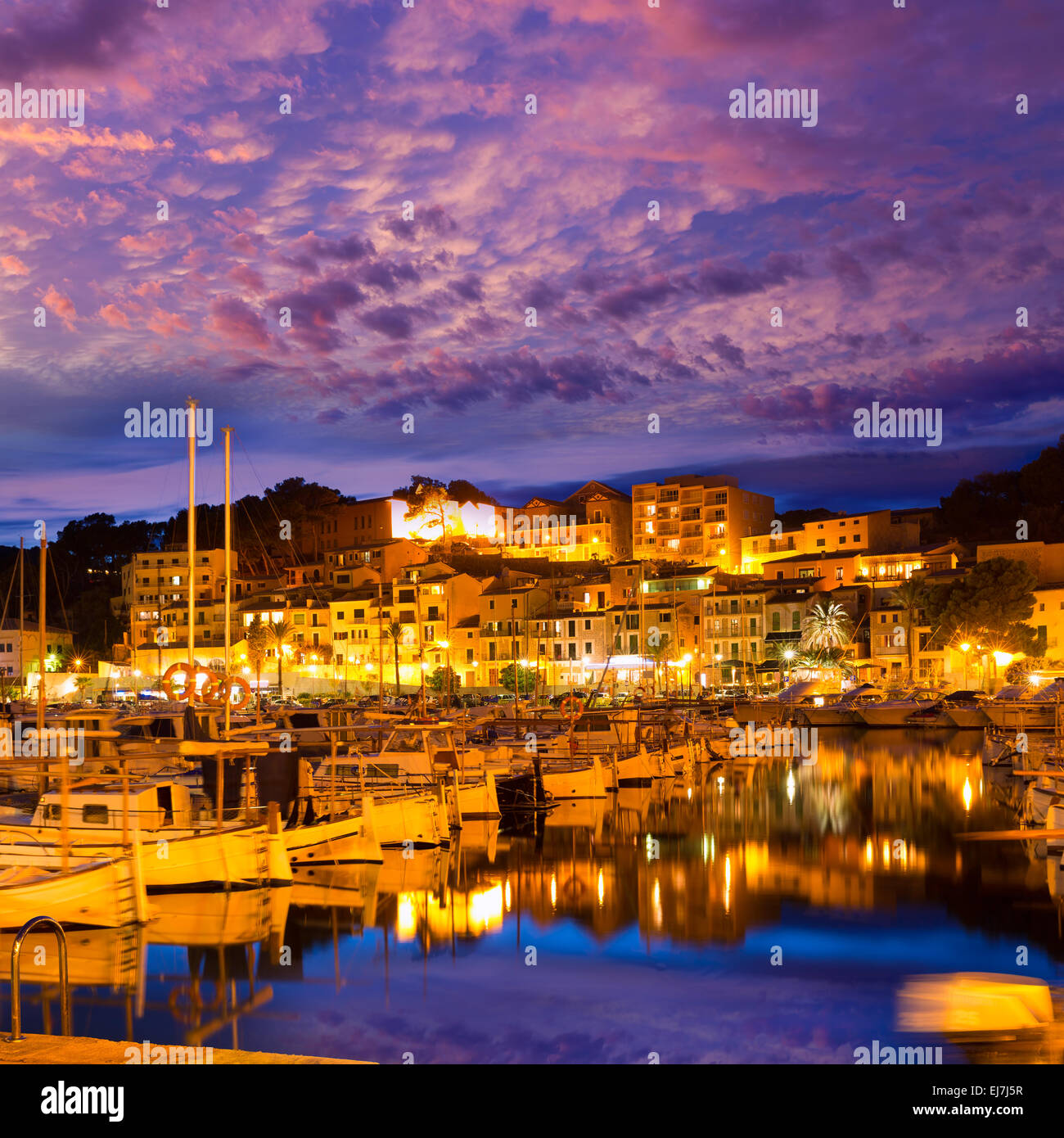Port de Soller sunset in Majorca at Balearic island of Mallorca Spain ...