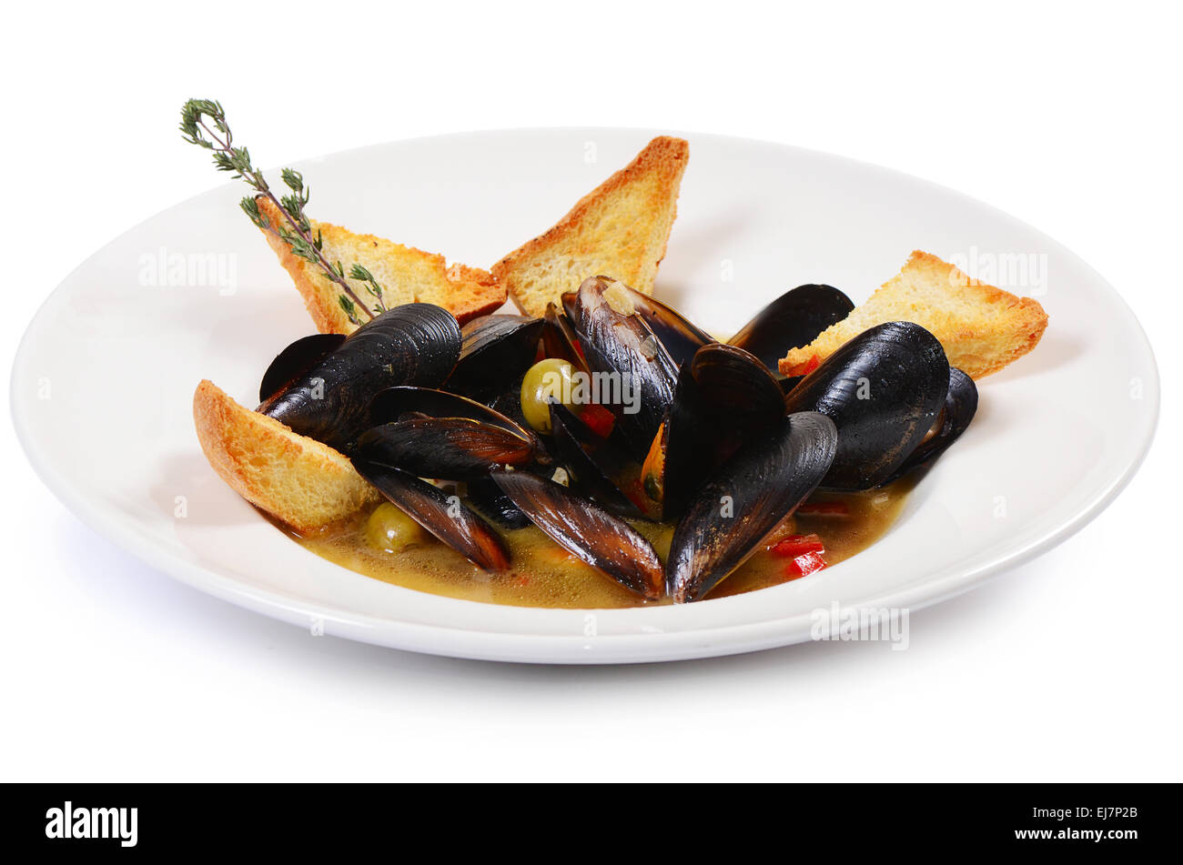 Mussels Tuscan with crispy ciabatta isolated Stock Photo - Alamy