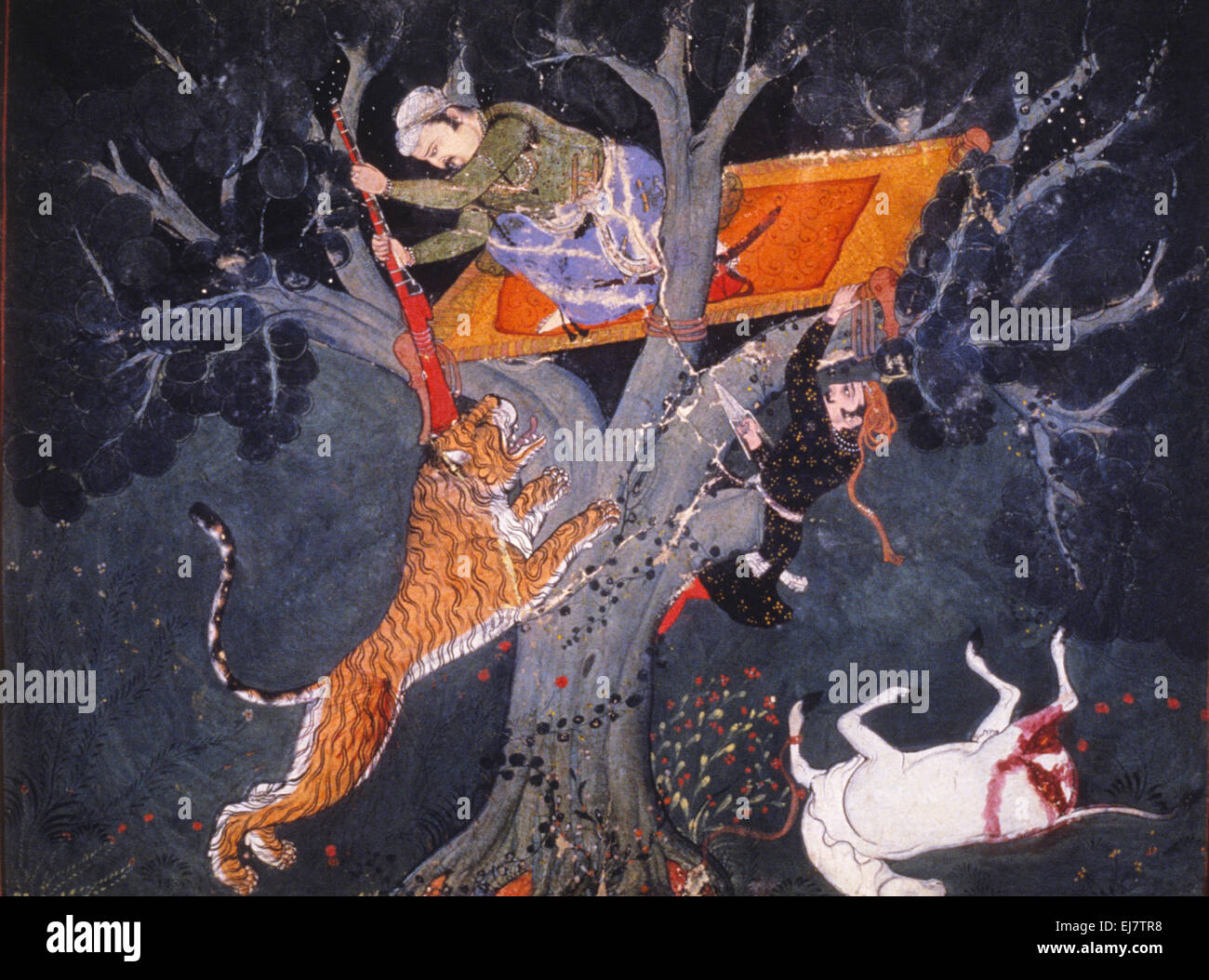 Gopinath Singh of Bundi slays a tiger. Rajput miniature painting circa ...