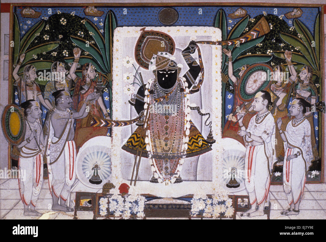 Priests doing puja before the image of Sri Nathaji Rajput miniature ...