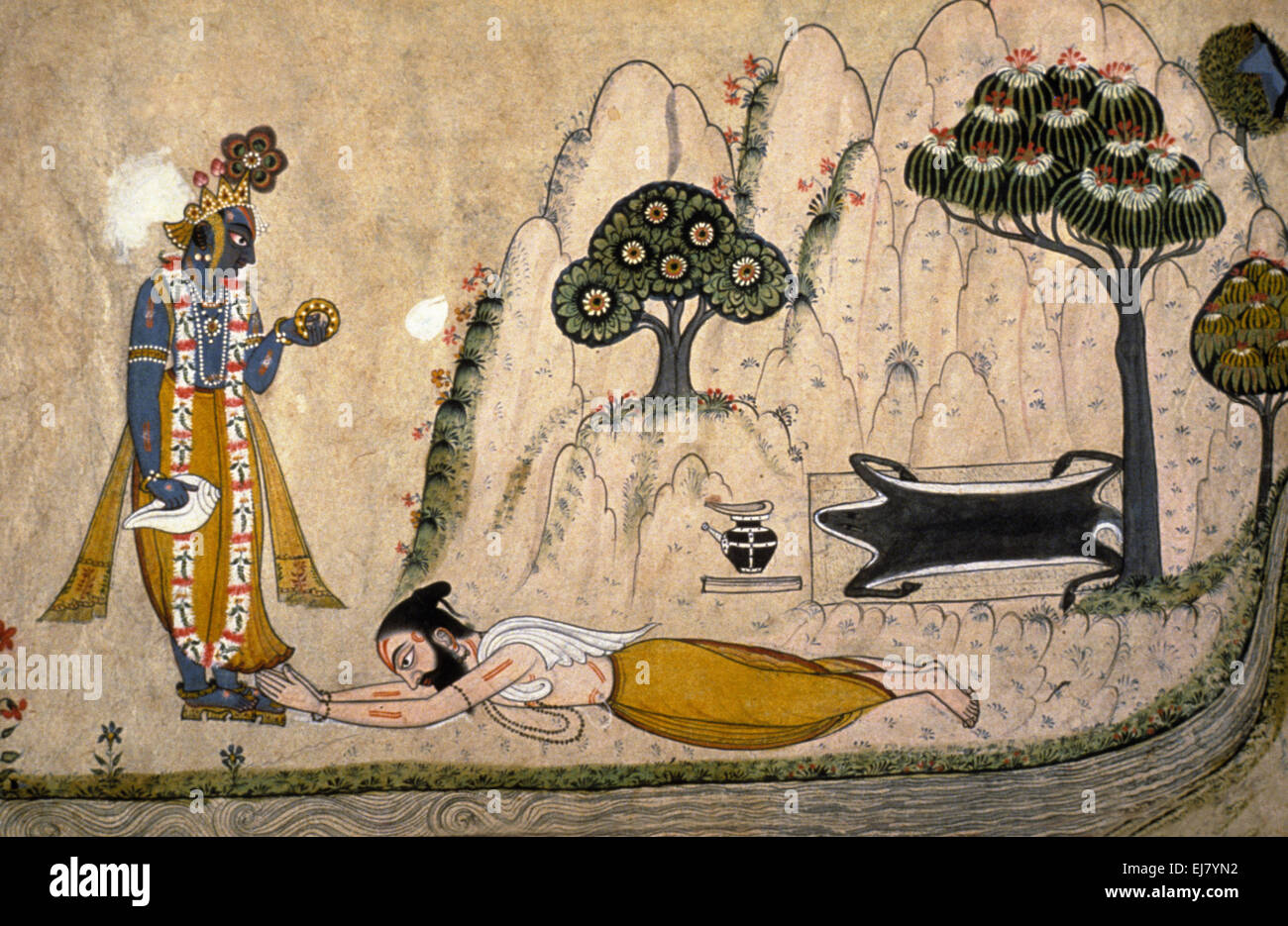 Holi man prostrated before Krishna Rajput miniature painting circa ...
