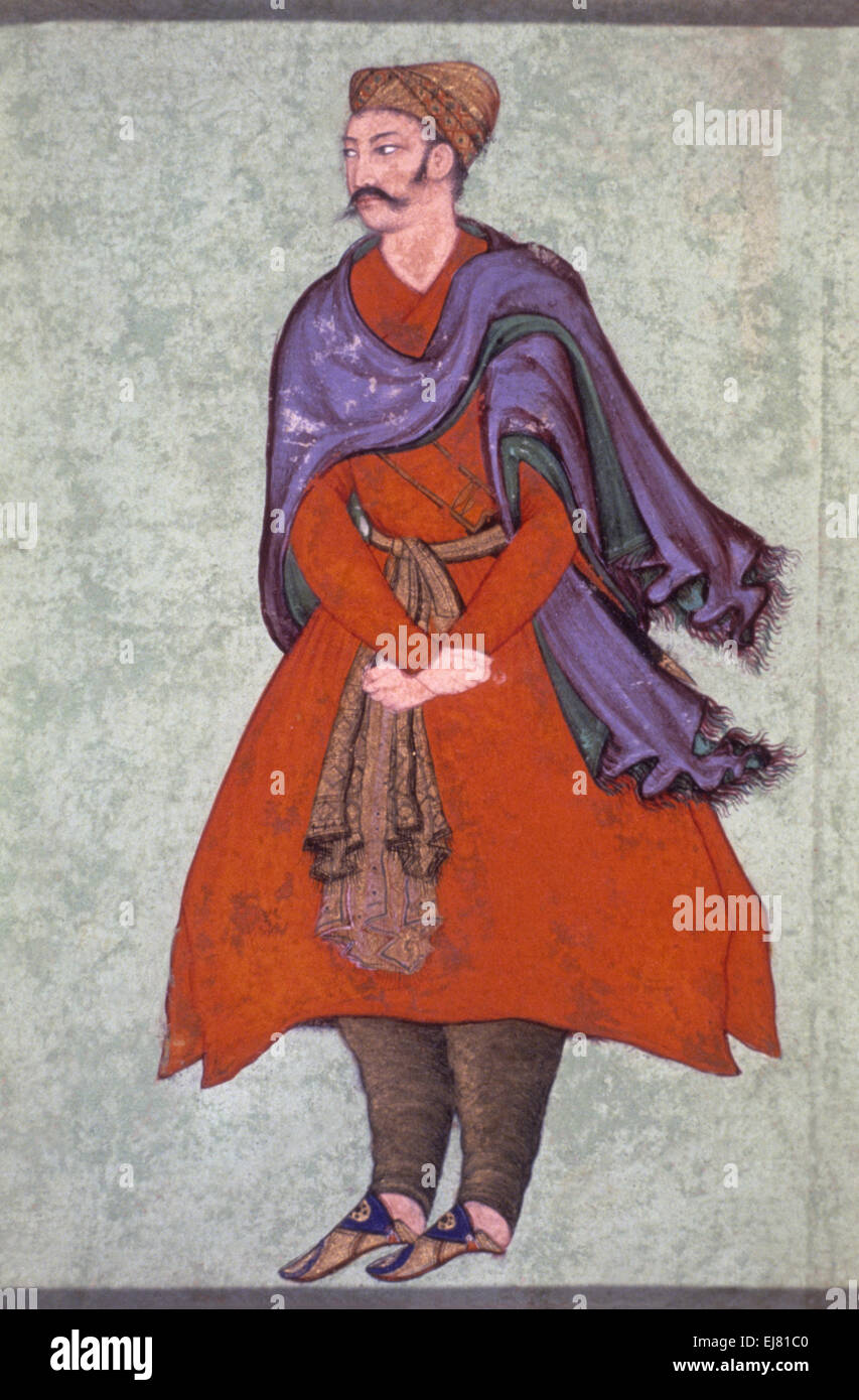 Portrait of a courtier. Mughal miniature painting circa late 1600 A.D ...