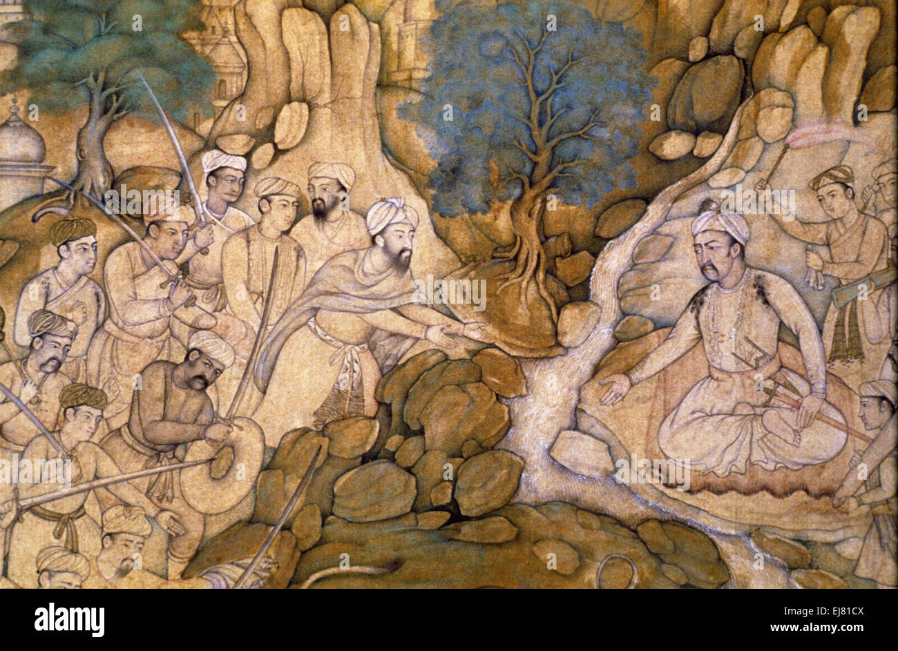 Detail of Akbar watching a fight between a lion and a bullock. Mughal ...