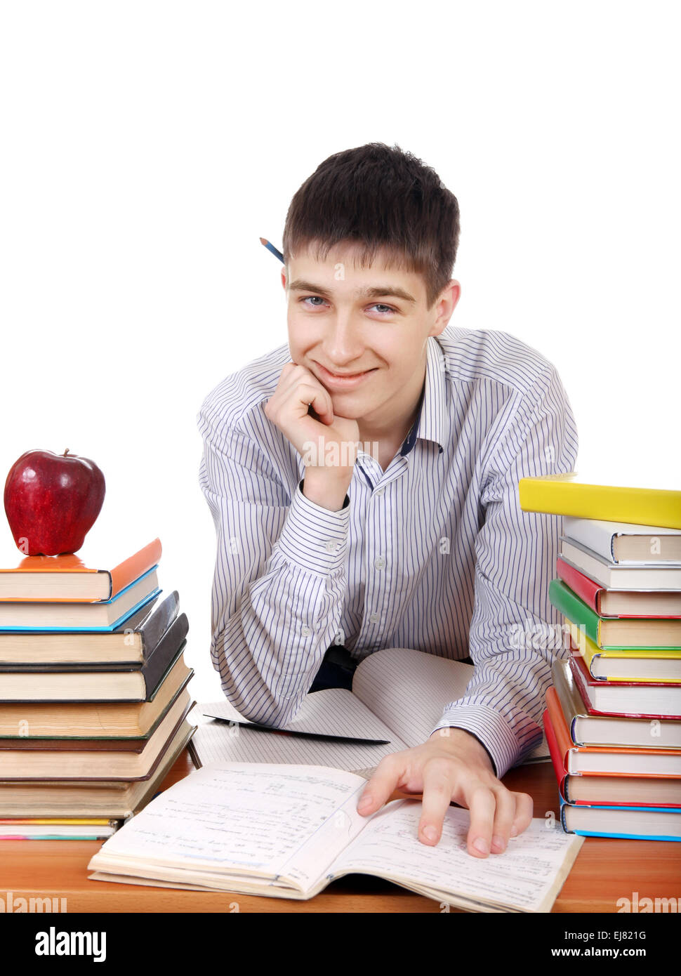 Male white student desk smiling hi-res stock photography and images - Alamy