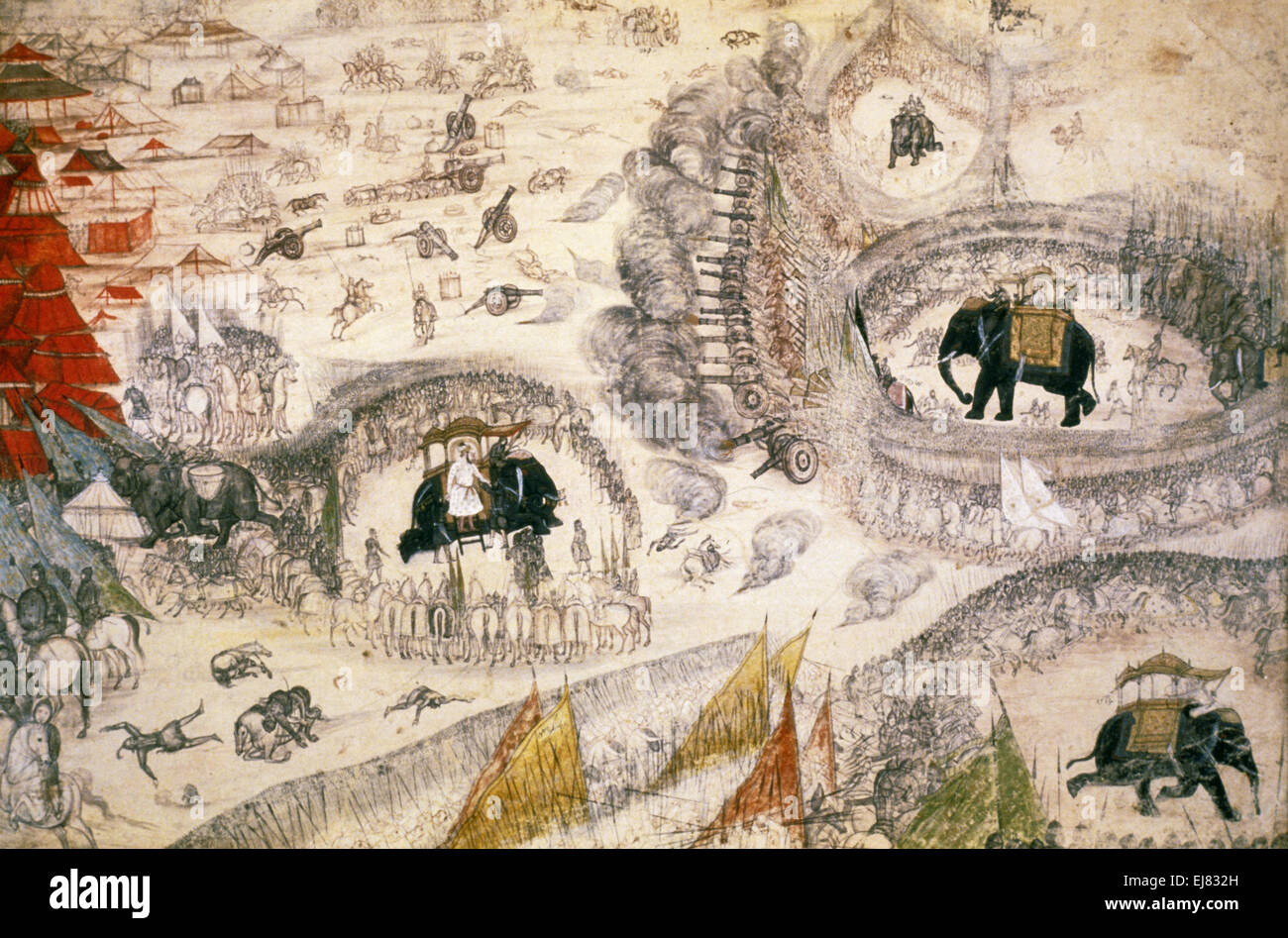 Battle between Dara Shukoh and Alamgir. Mughal miniature painting circa ...