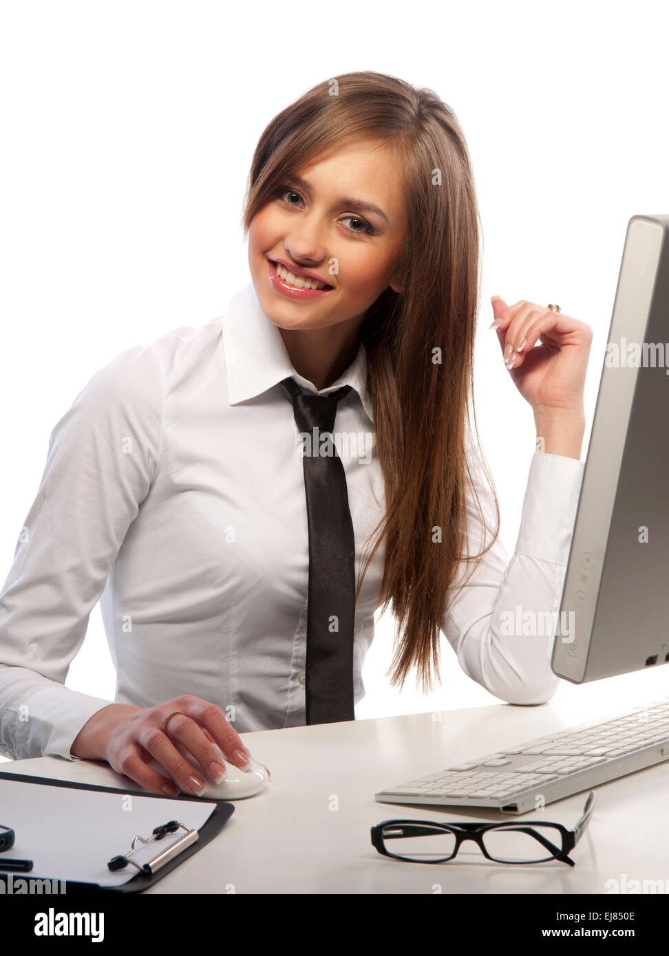 pretty girl works on a computer Stock Photo - Alamy