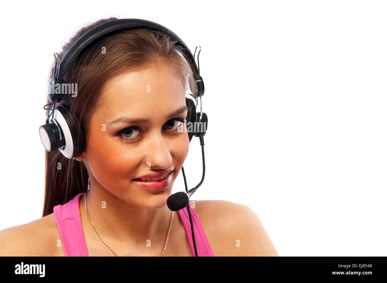 beautiful woman with headset smiling Stock Photo - Alamy