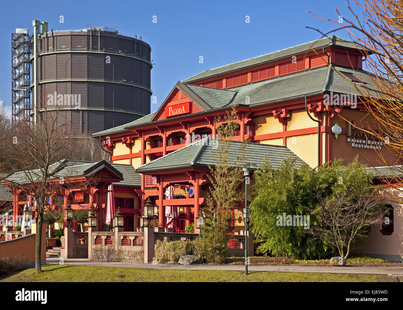 Restaurant with Gasometer, Oberhausen, Germany Stock Photo - Alamy