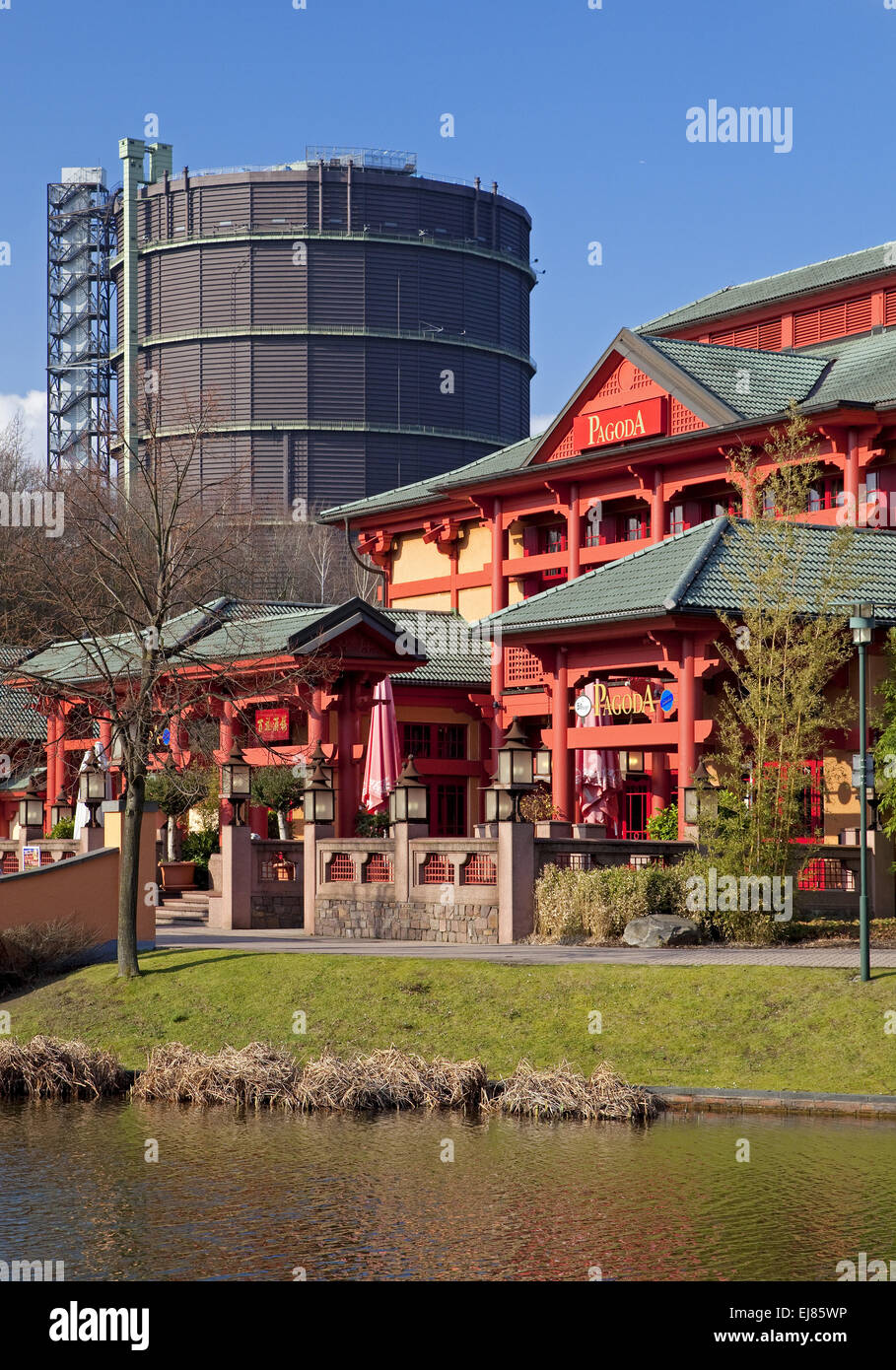 Restaurant with Gasometer, Oberhausen, Germany Stock Photo - Alamy