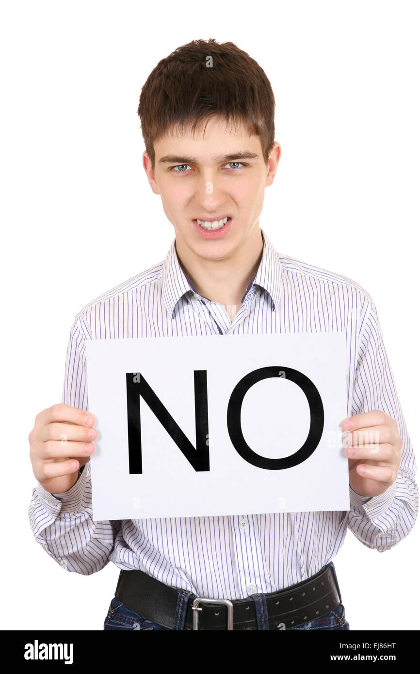 Angry Teenager hold Slogan NO Stock Photo - Alamy