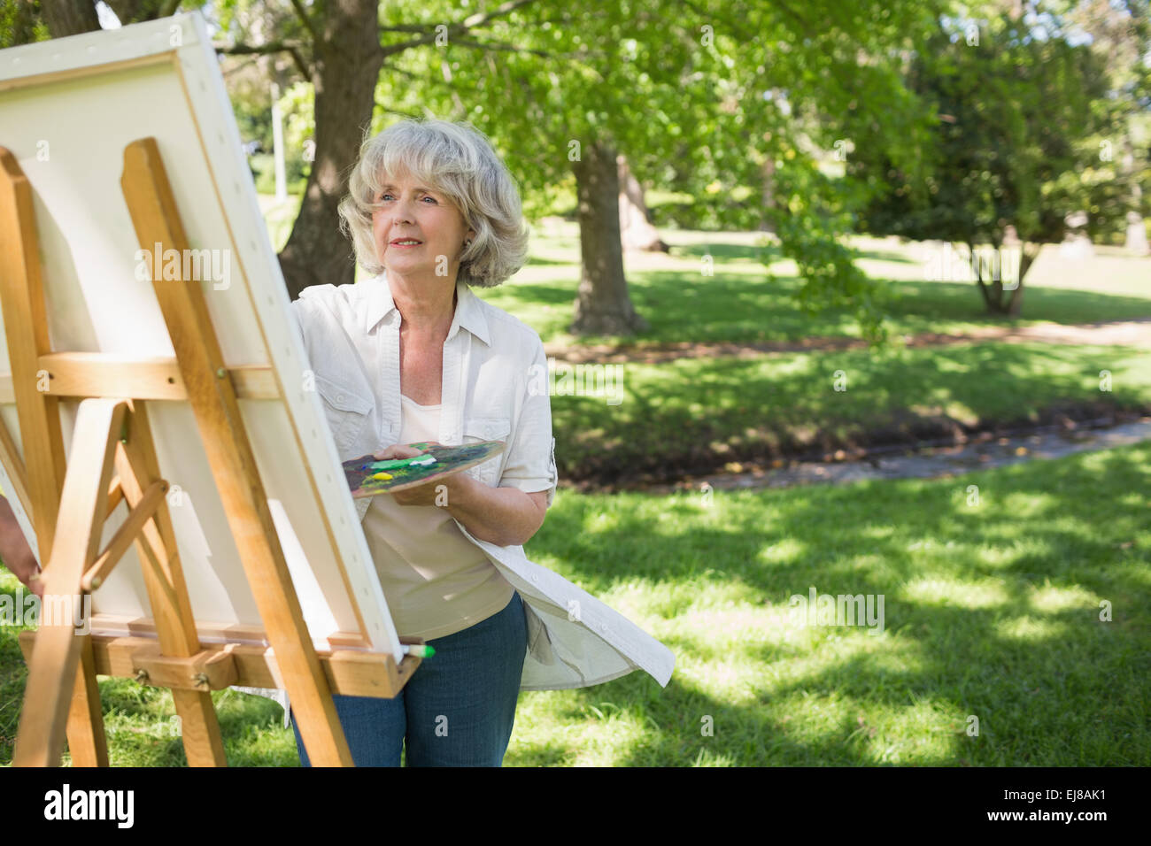 Mature woman painting in park Stock Photo - Alamy