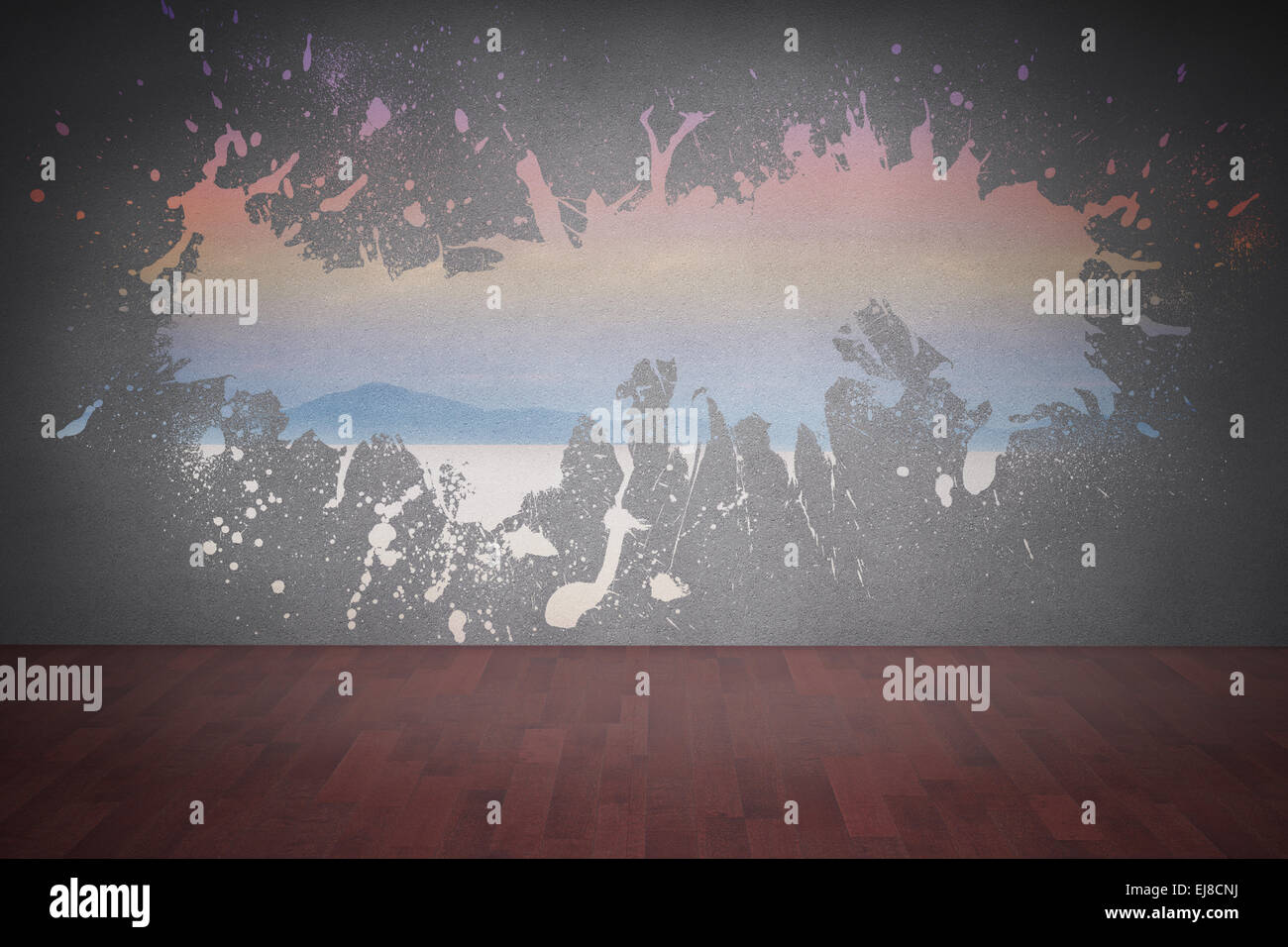 Splash on wall revealing desert landscape Stock Photo - Alamy