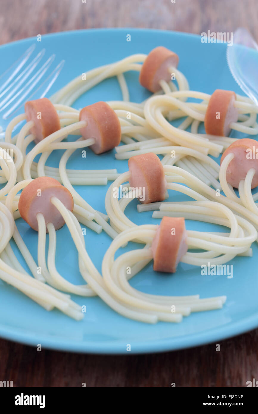 Wiener and spaghetti funny snack for kids Stock Photo - Alamy