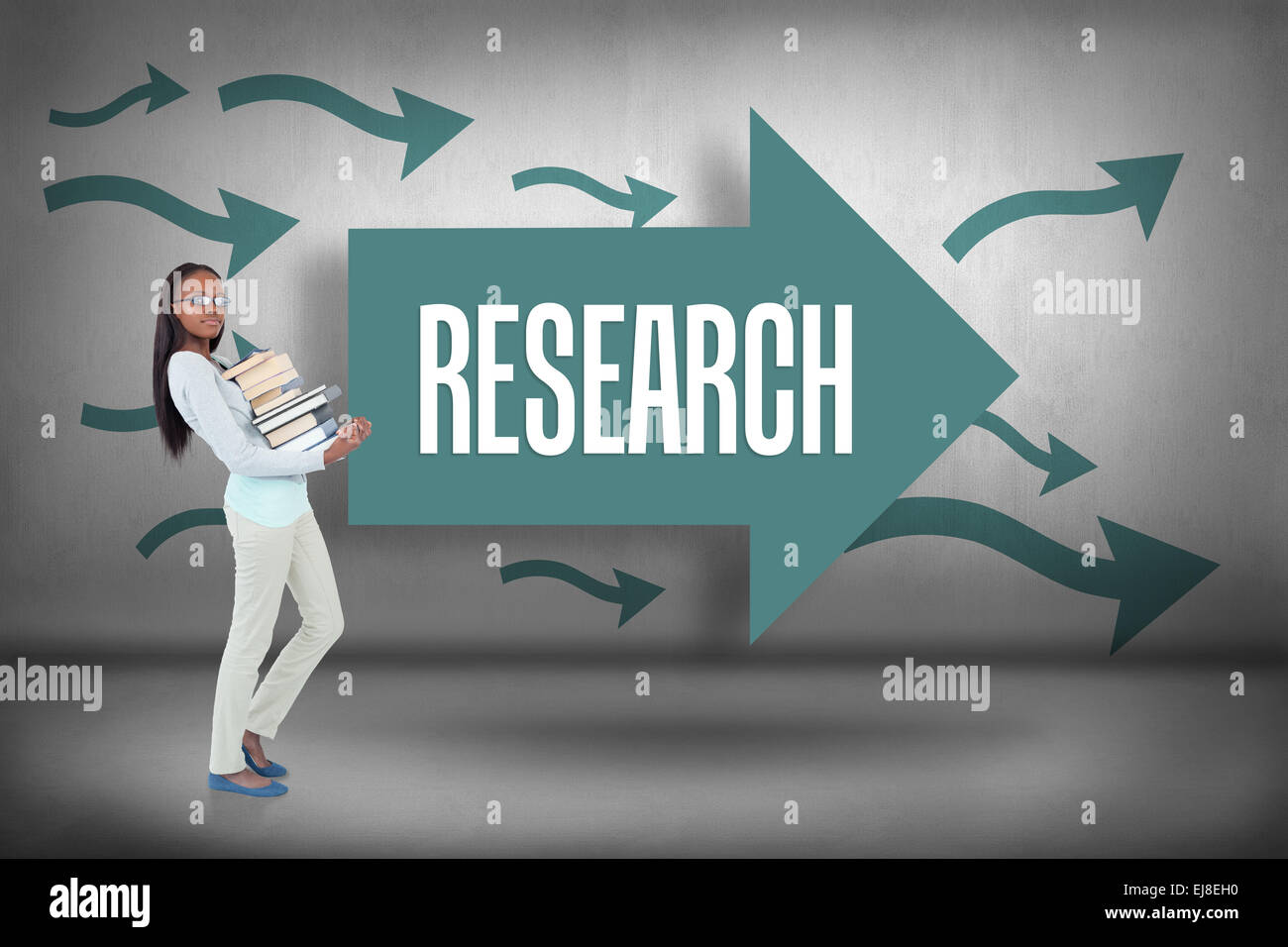 Research against arrows pointing Stock Photo - Alamy