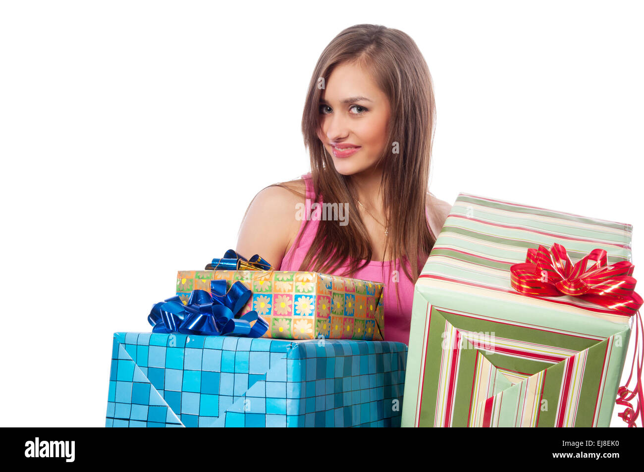 woman holding boxes with gifts Stock Photo - Alamy