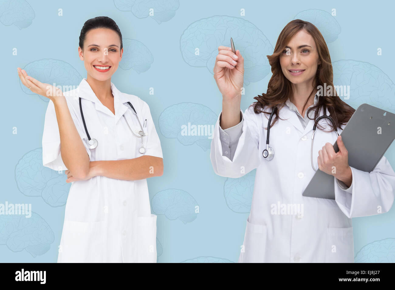 Composite image of smiling brunette doctor presenting her hand Stock ...