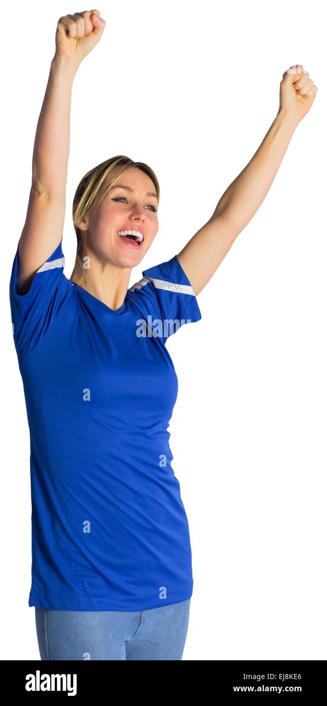 Smiling football fan in blue on white background Stock Photo - Alamy