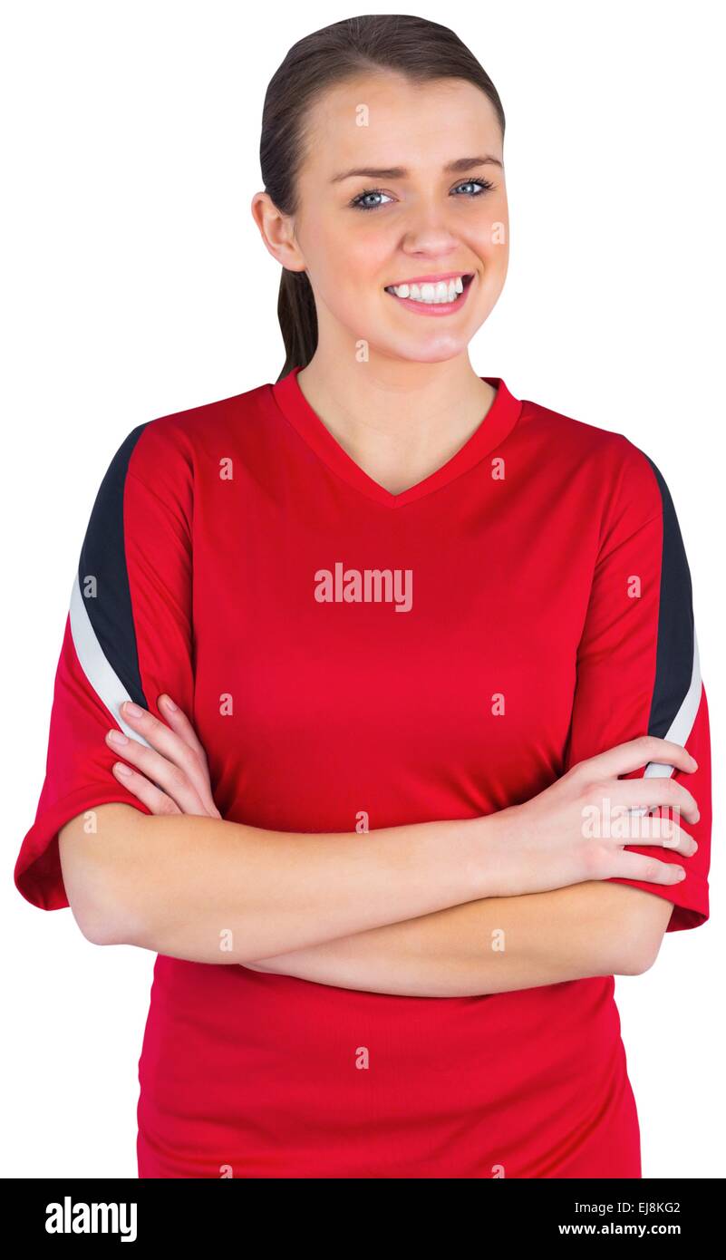 Pretty football fan in red on white background Stock Photo - Alamy