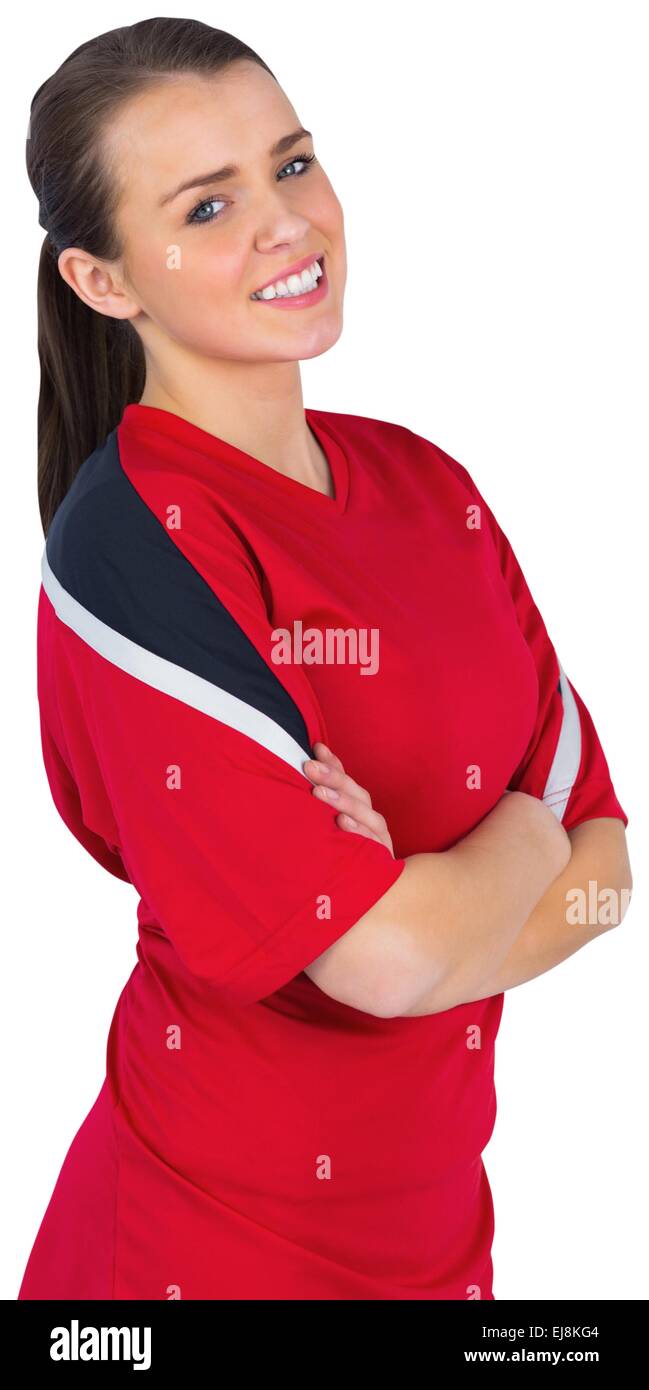 Pretty football fan in red on white background Stock Photo - Alamy