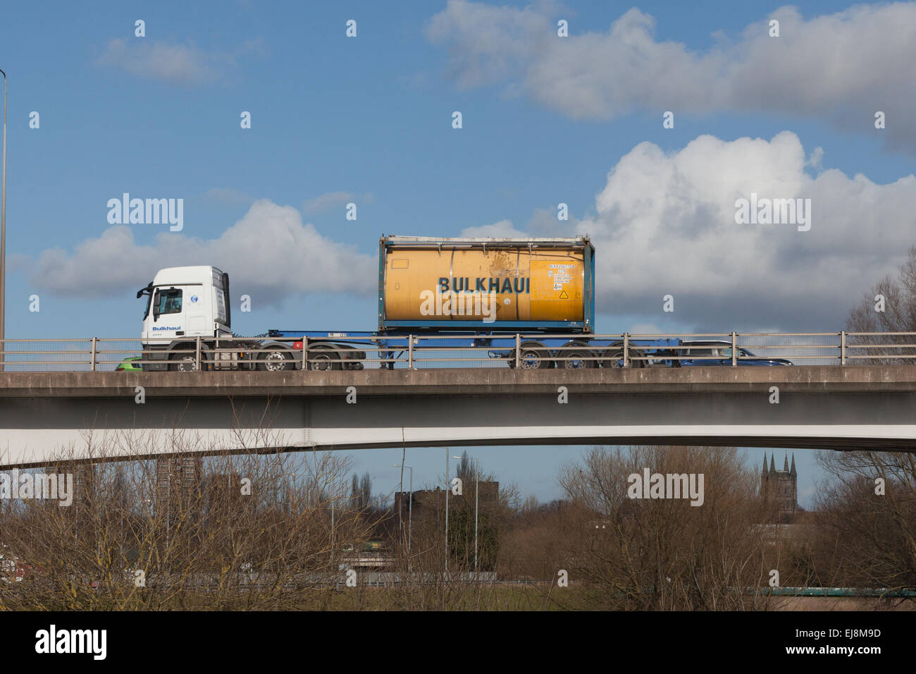 Containerised tanker truck travelling through the Midlands in the UK ...