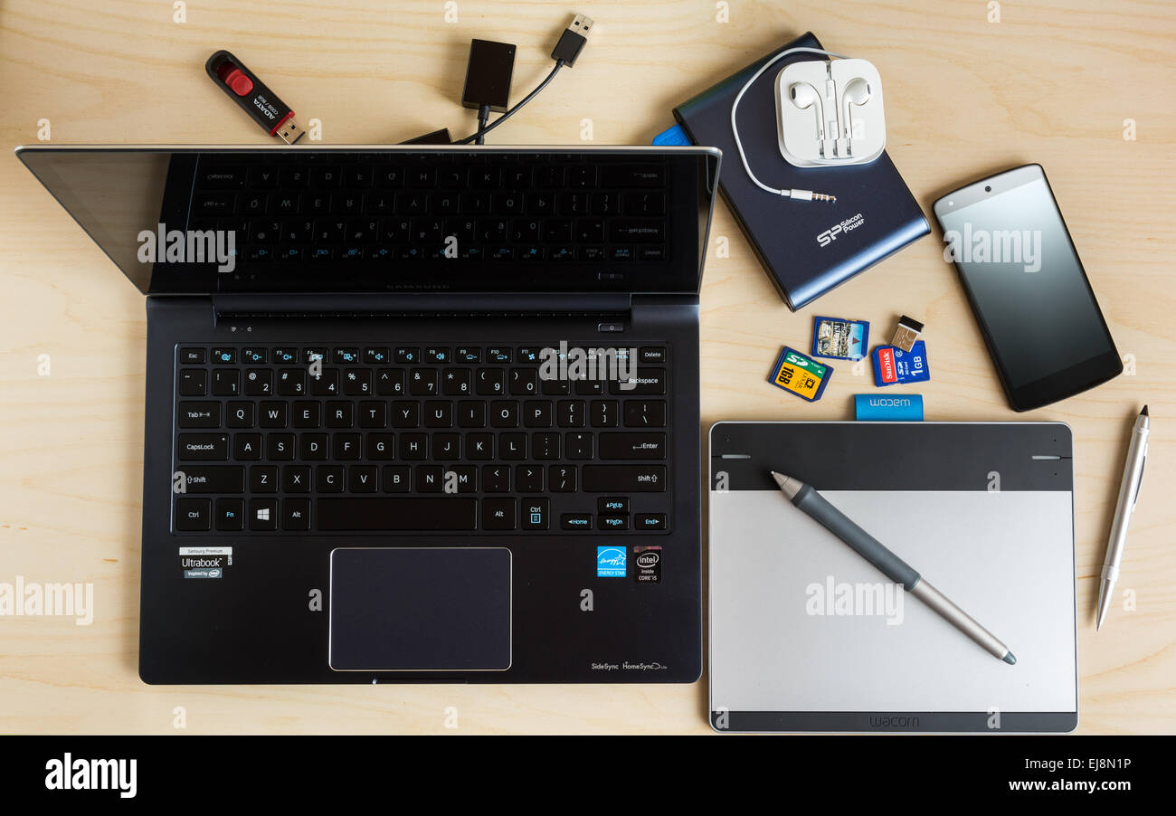 Computing equipment on desk Stock Photo - Alamy
