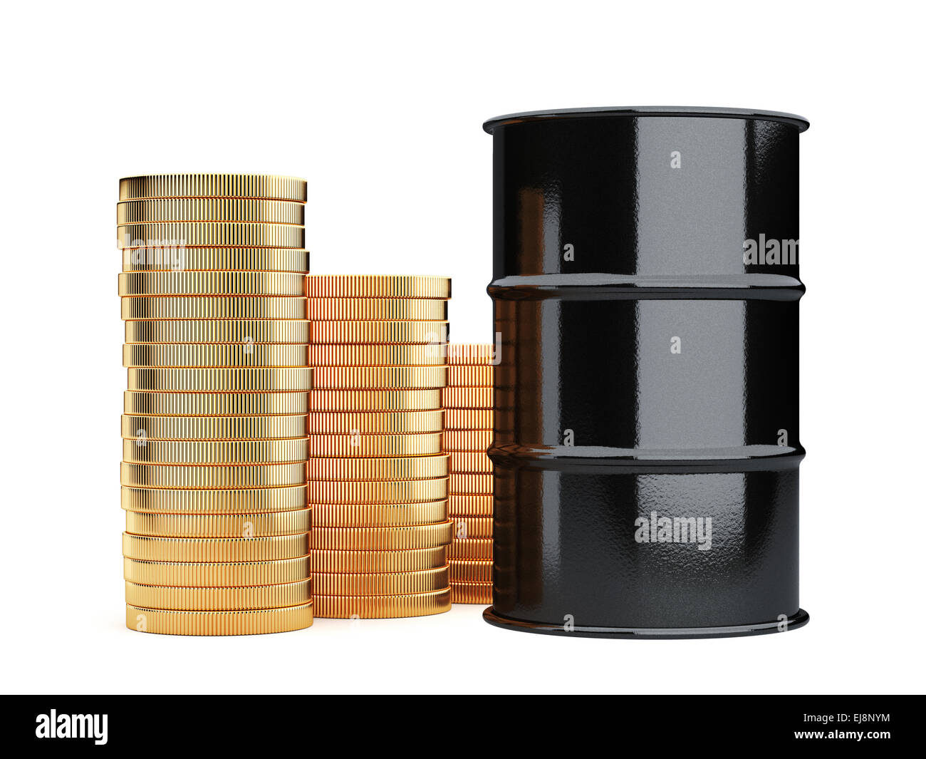 3d rendering of black oil barrels and golden coins money cash isolated ...