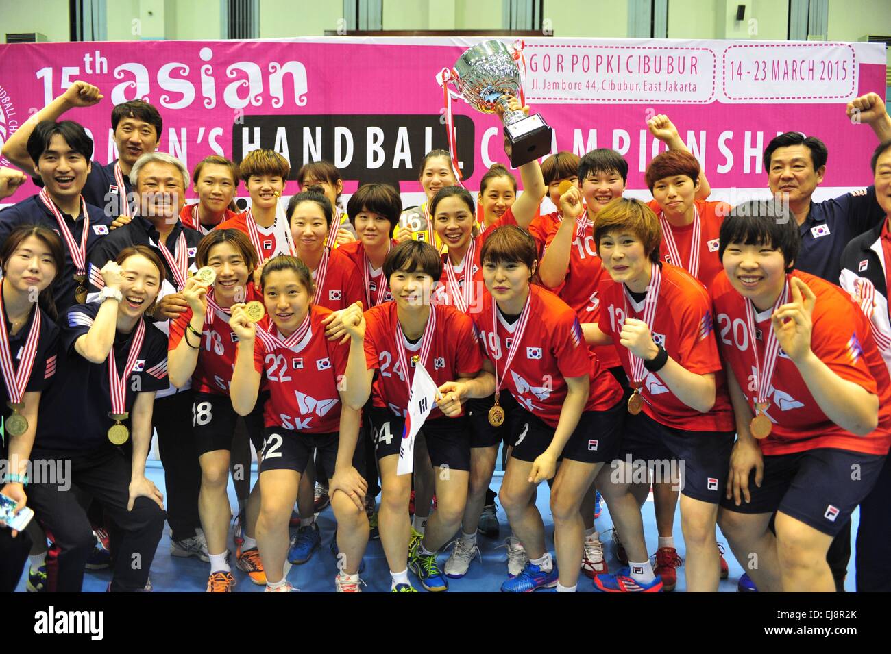 Jakarta, Indonesia. 23rd Mar, 2015. Players of South Korea pose with ...