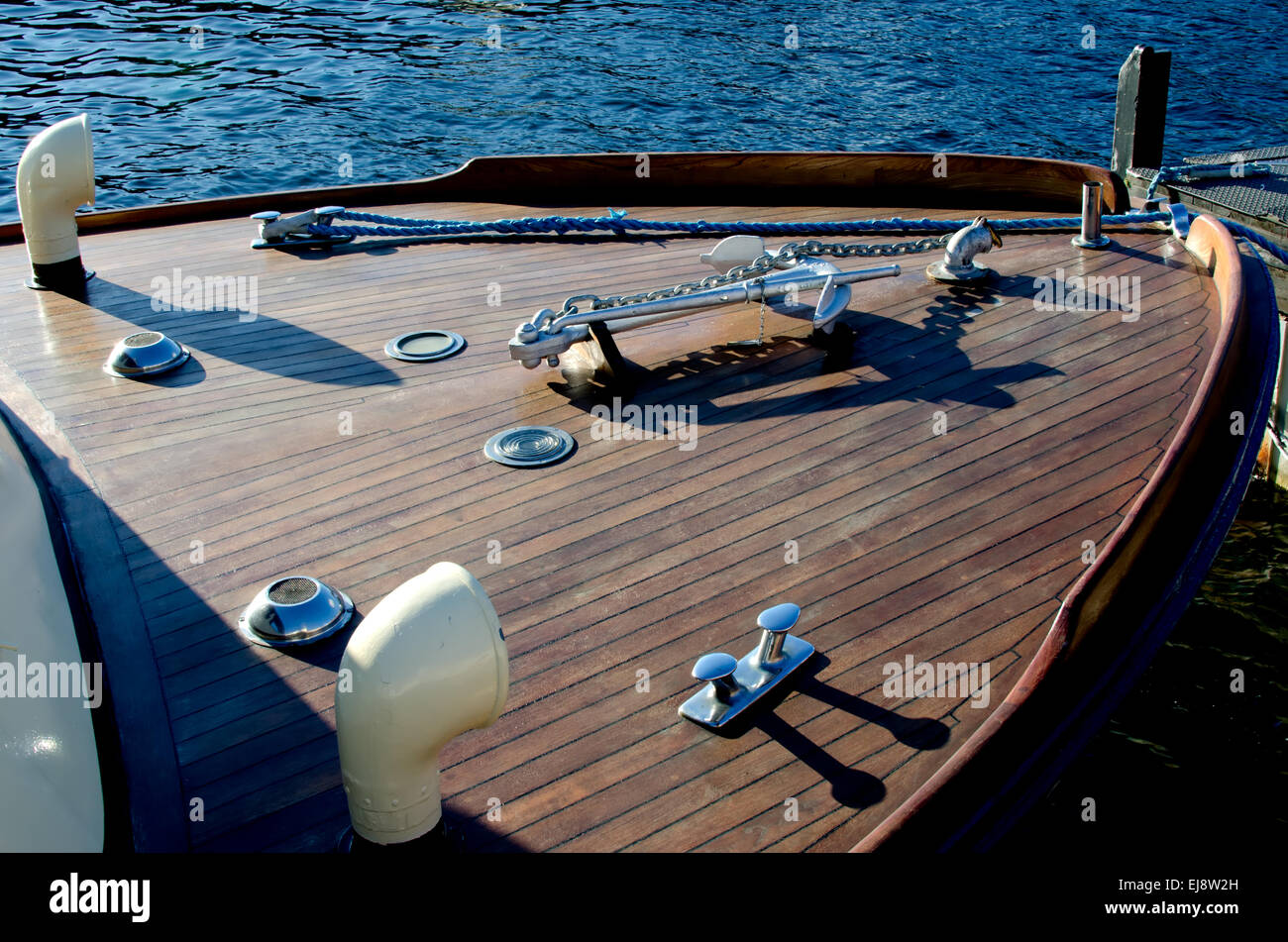 Wooden ship bow on sea background Stock Photo - Alamy