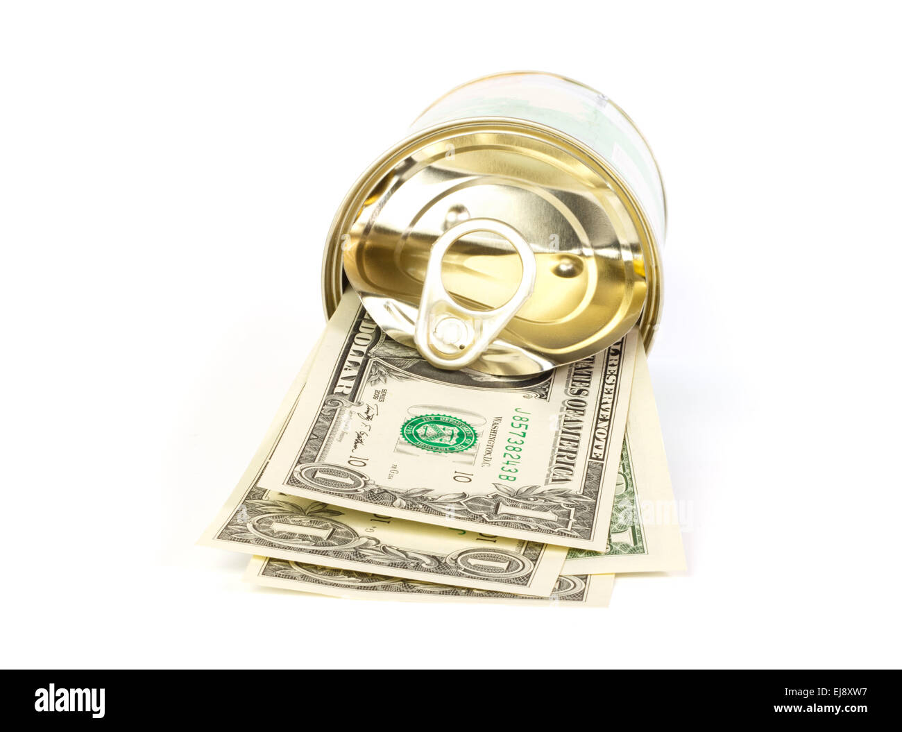 An open tin can of dollar bills with a pull tab against white ...