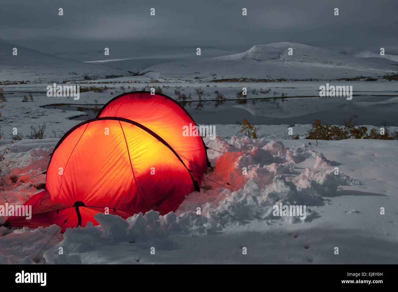 illuminated tent in snow, Rondane NP, Norway Stock Photo - Alamy