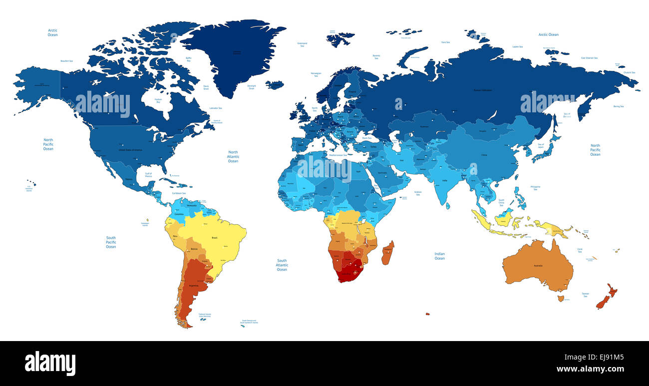Blue and yellow detailed World map Stock Photo - Alamy