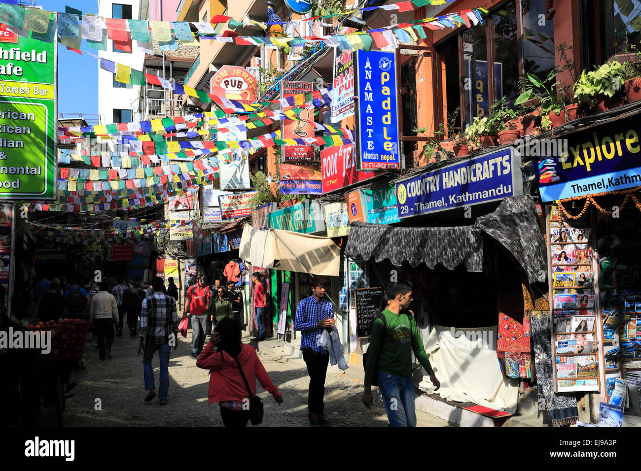 Street scene with people Souvenir stalls and shops, Thamel district ...