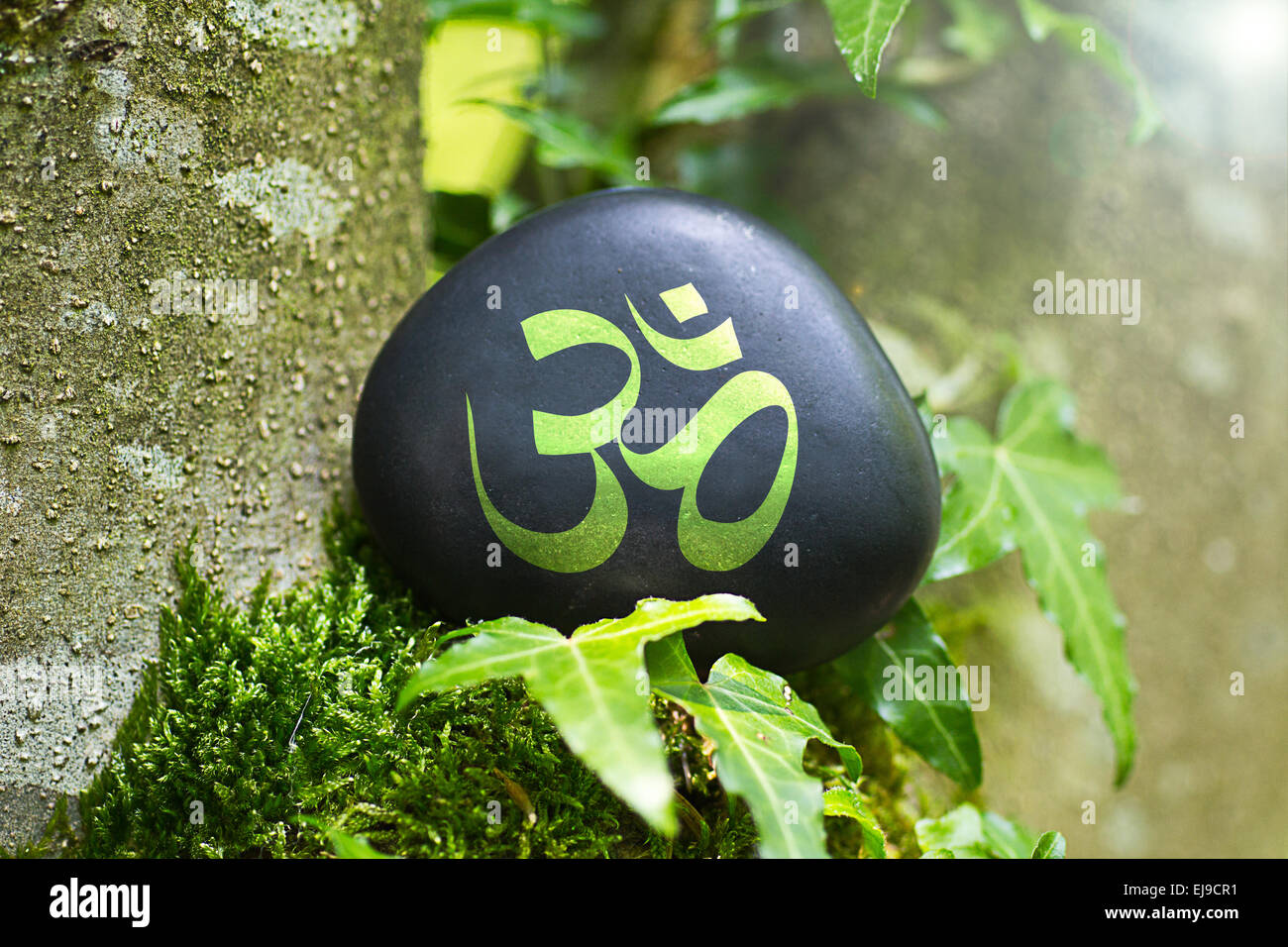 The Om Sign on a stone in nature Stock Photo - Alamy