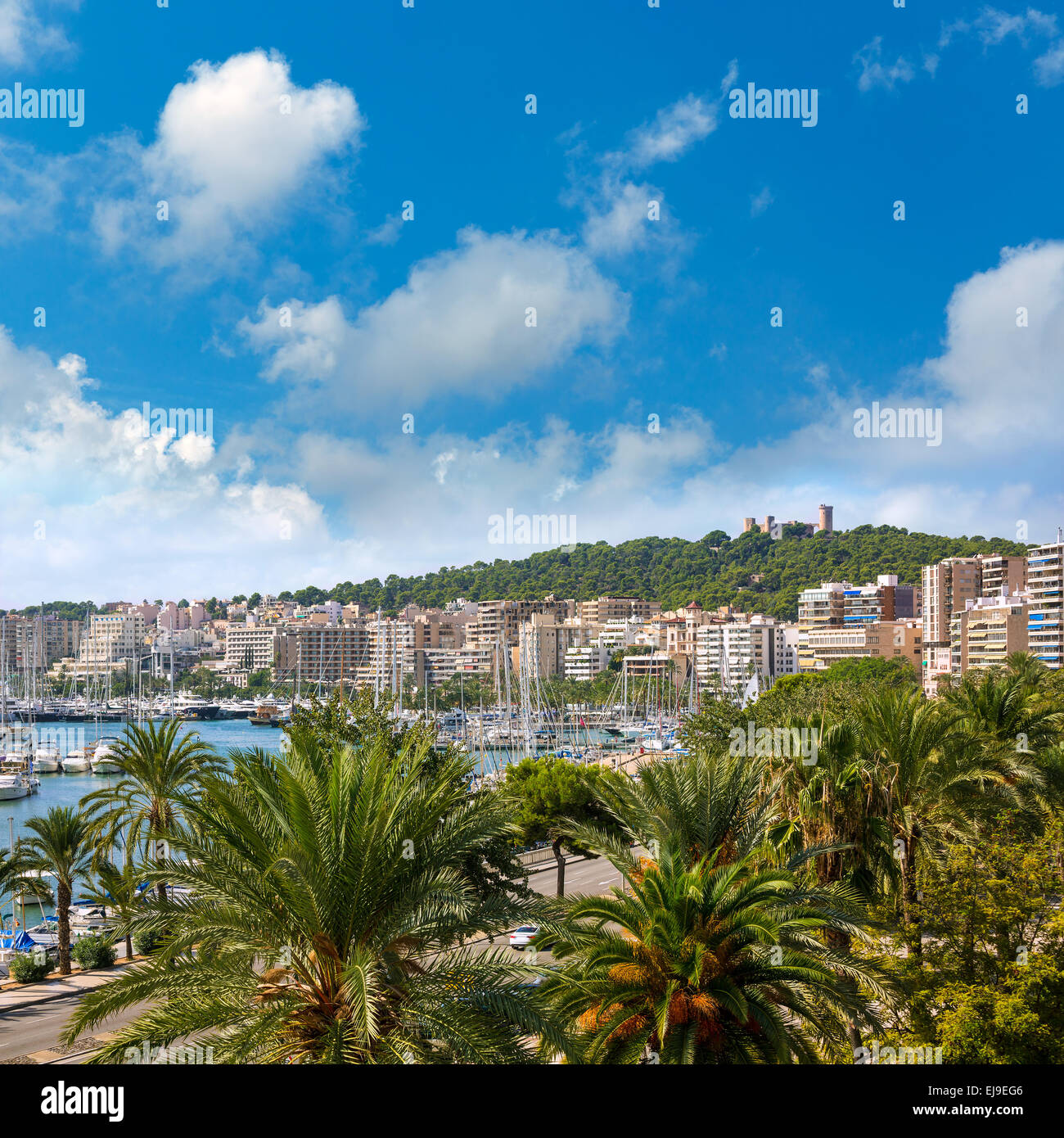 Palma de Majorca skyline with Bellver castle in Mallorca Stock Photo ...