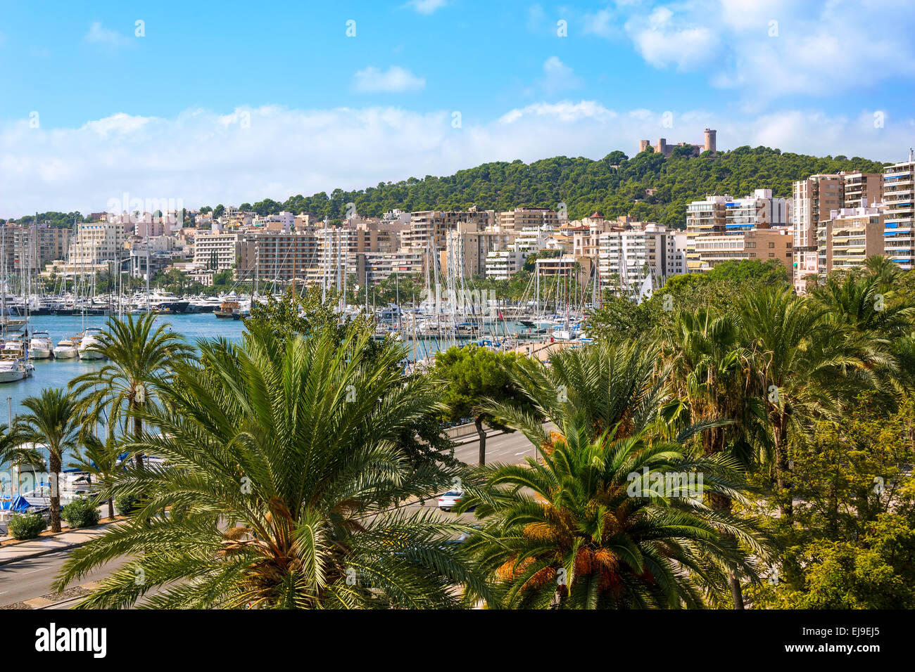 Palma de Majorca skyline with Bellver castle in Mallorca Stock Photo ...