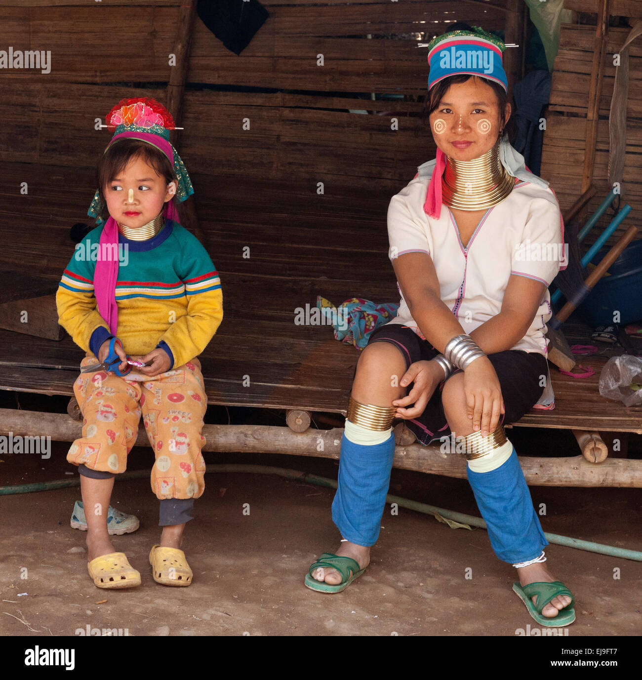 Young woman and child from the Kayan hill tribe, Myanmar, Burma ...