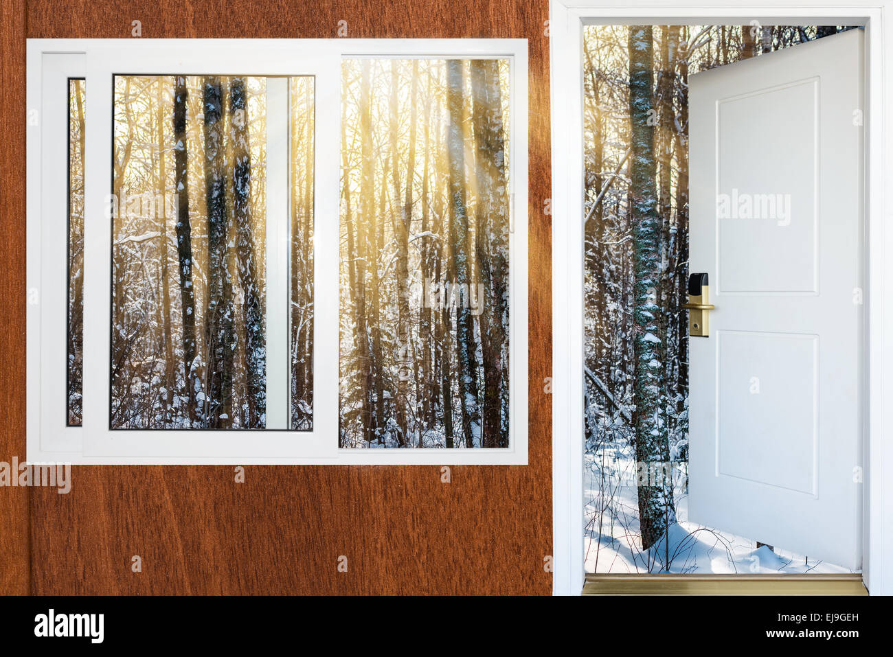 open door and a winter forest Stock Photo - Alamy