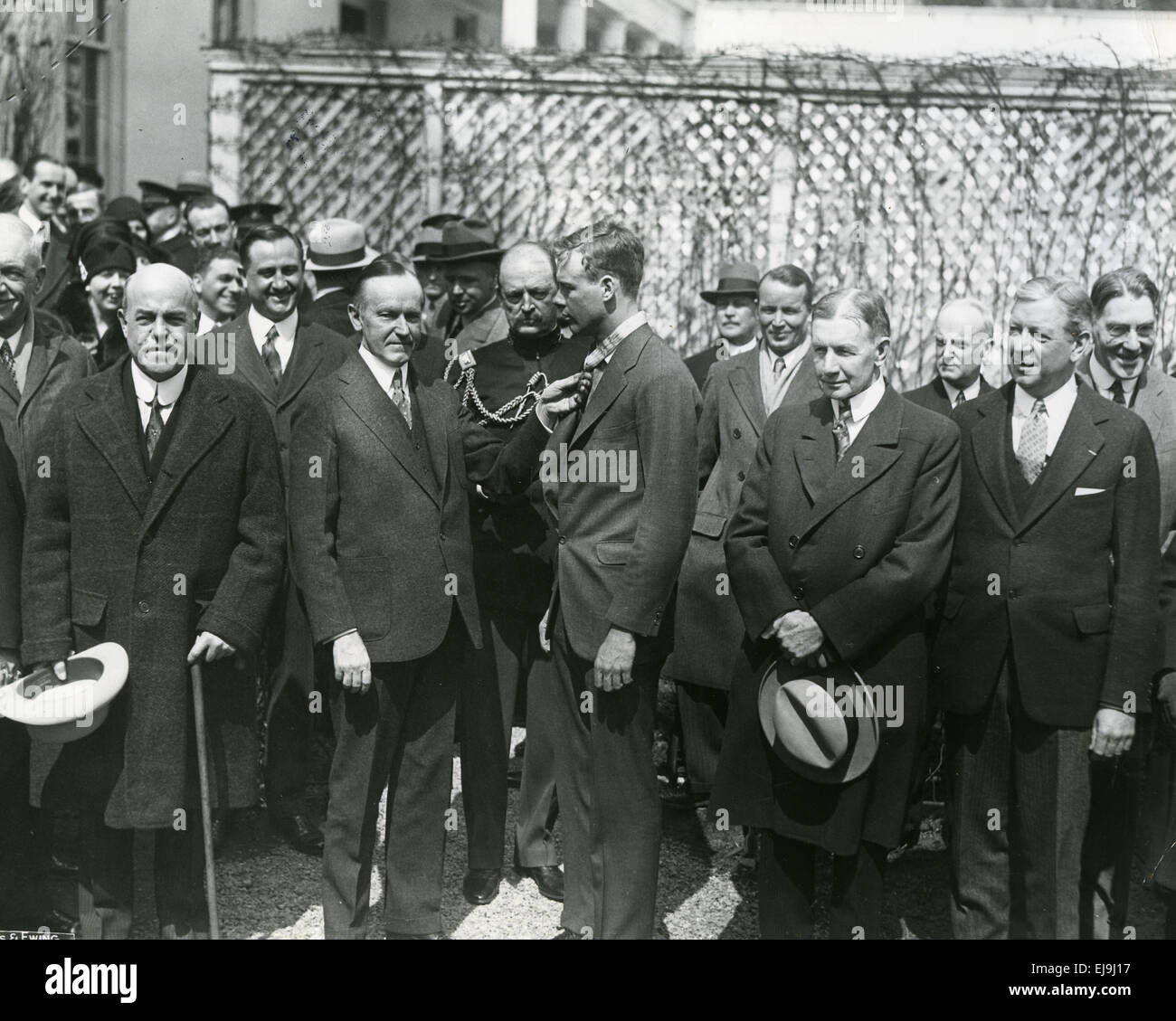 CHARLES LINDBERG (centre facing left) with US President Calvin Coolidge ...