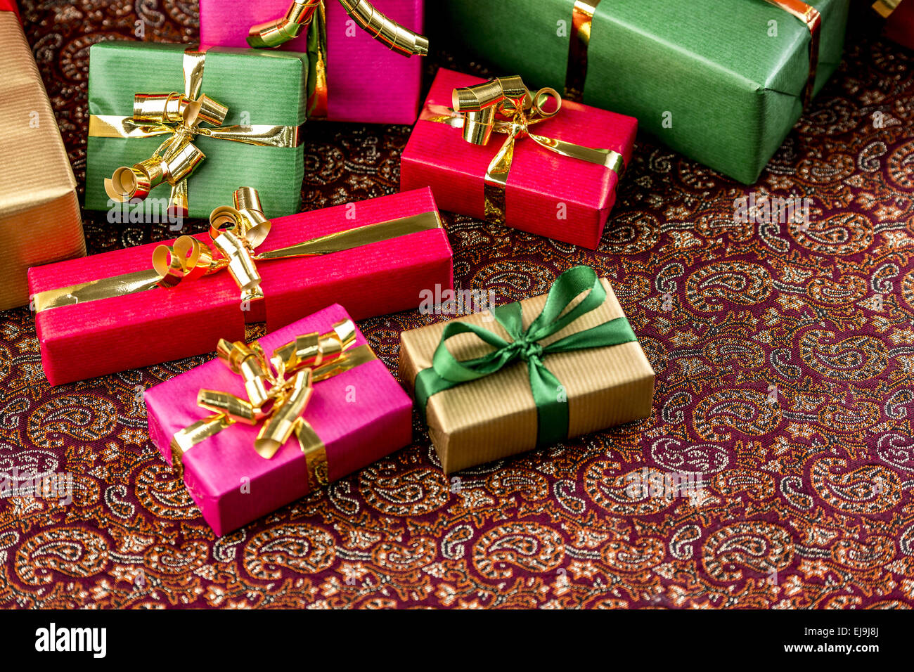 Festive Cloth, Half Covered with Gifts Stock Photo - Alamy