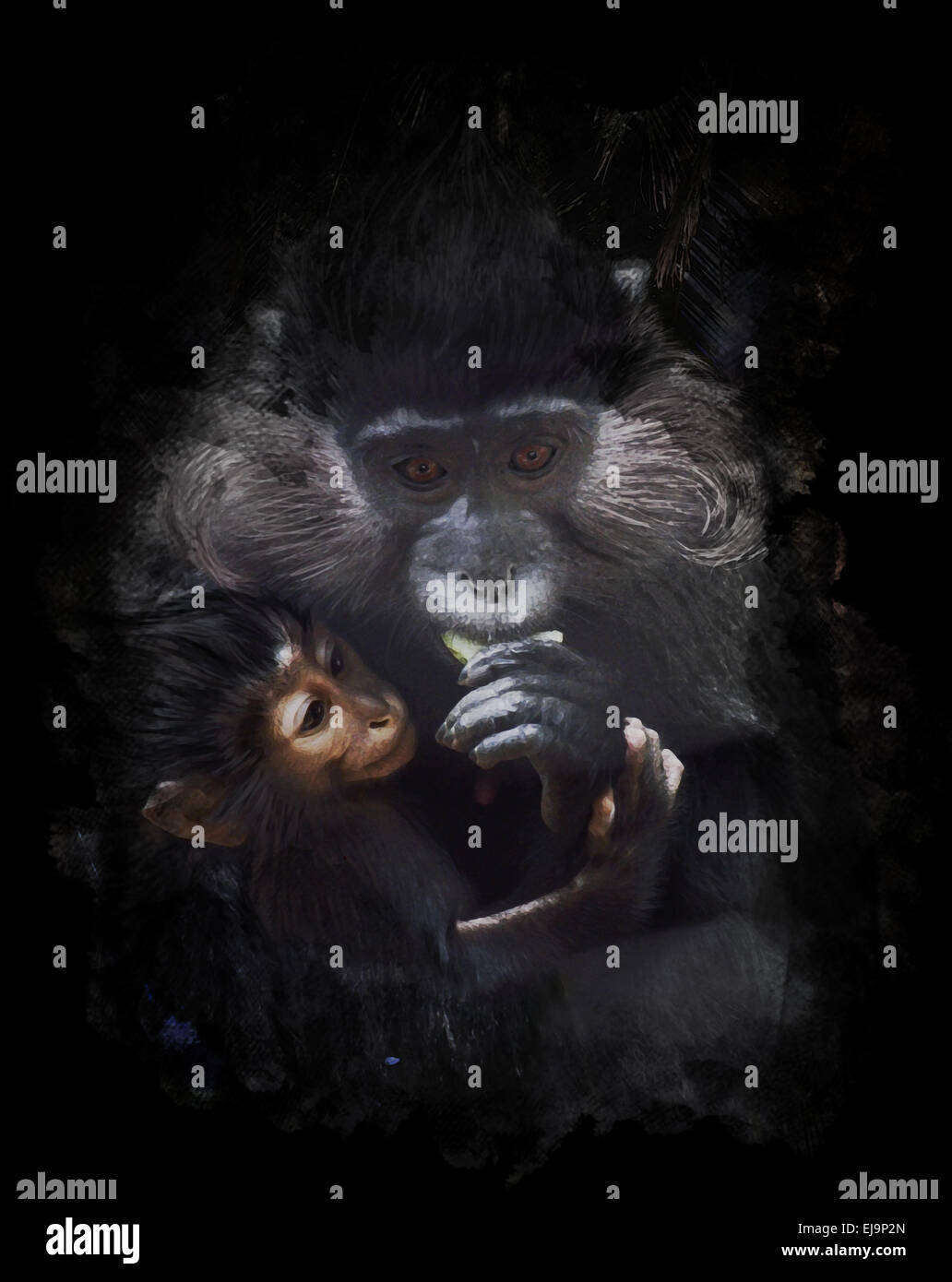 Watercolor Image Of Mother And Baby Monkey Stock Photo - Alamy